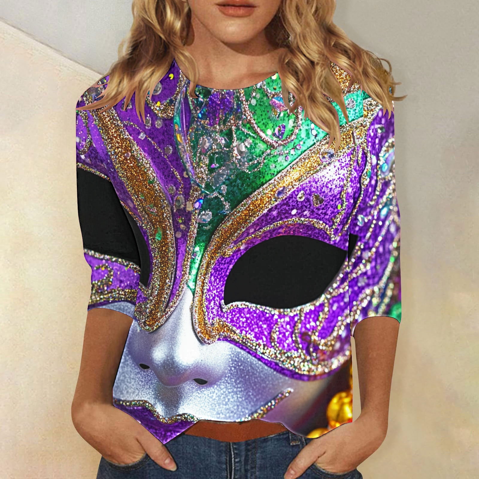 Jsaierl Mardi Gras Clothings for Women 3/4 Sleeve Mask Graphic Blouse ...