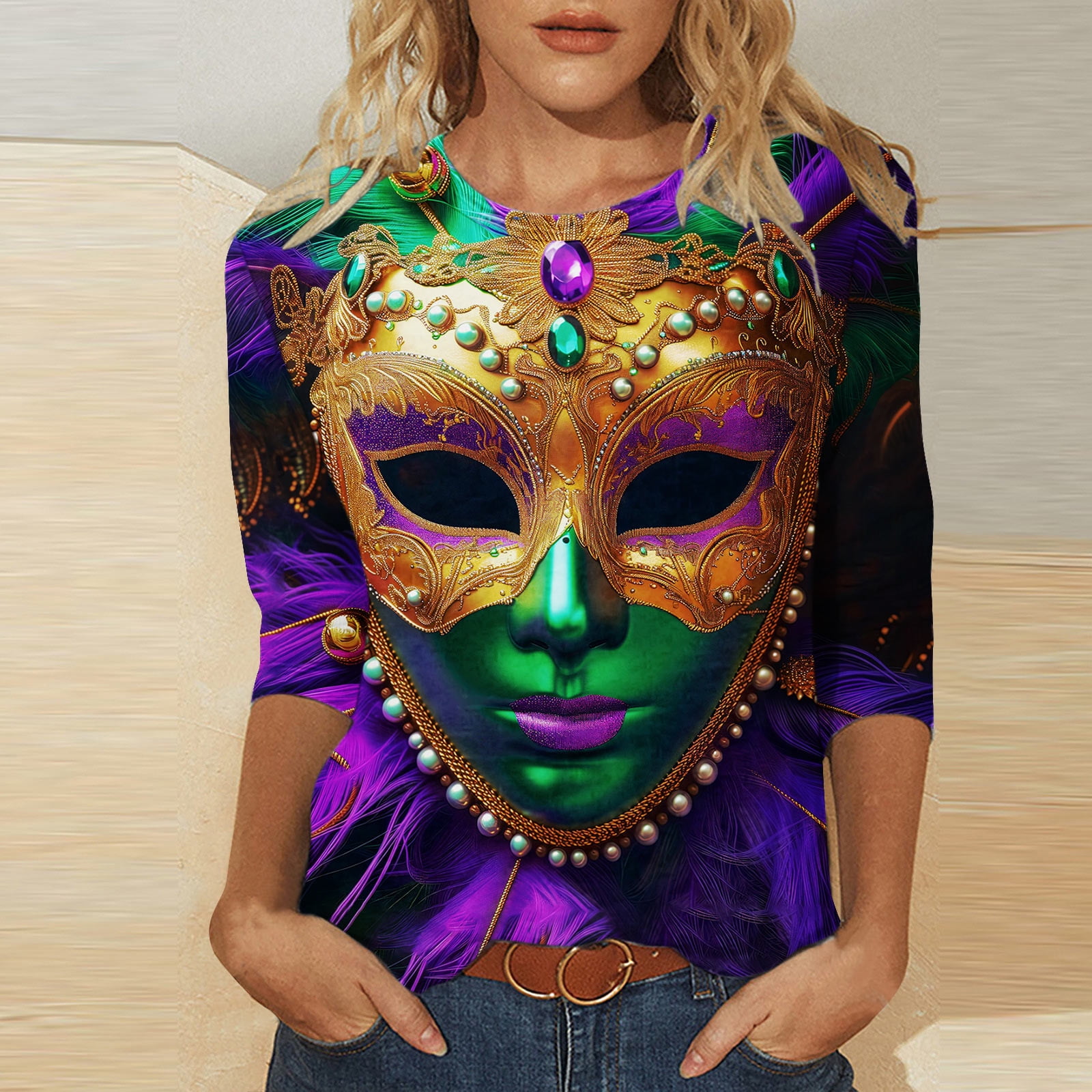 Jsaierl Mardi Gras Clothings for Women 3/4 Sleeve Mask Graphic Blouse ...