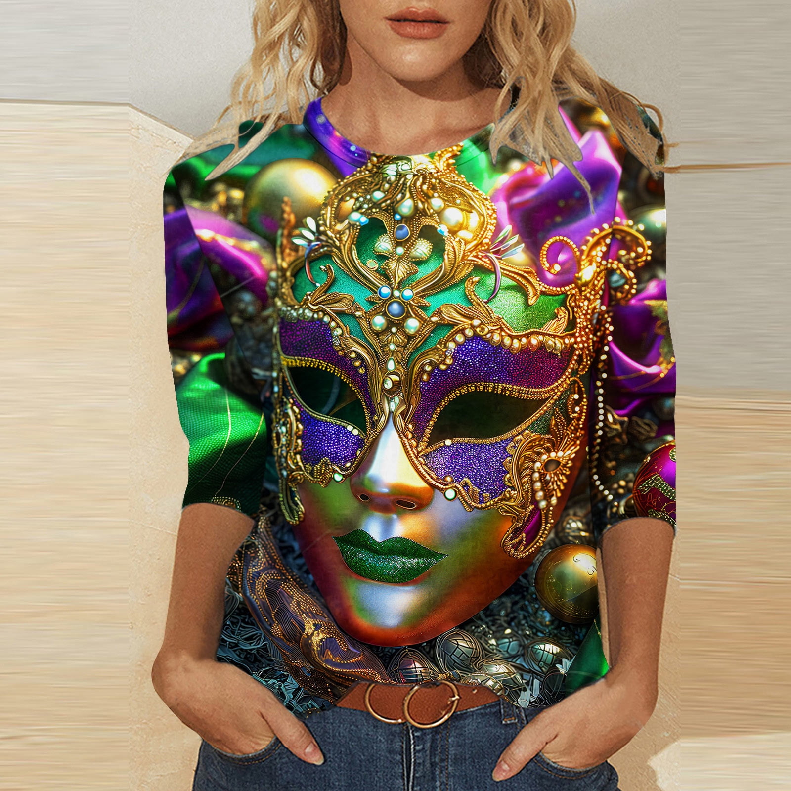 Jsaierl Mardi Gras Clothings for Women 3/4 Sleeve Mask Graphic Blouse ...