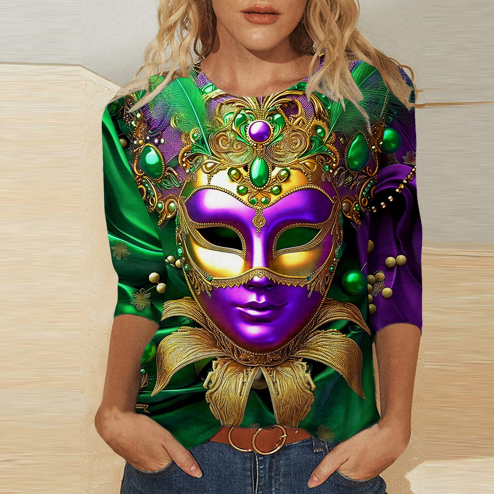Jsaierl Mardi Gras Shirts for Women 3/4 Sleeve Mask Graphic Blouse ...