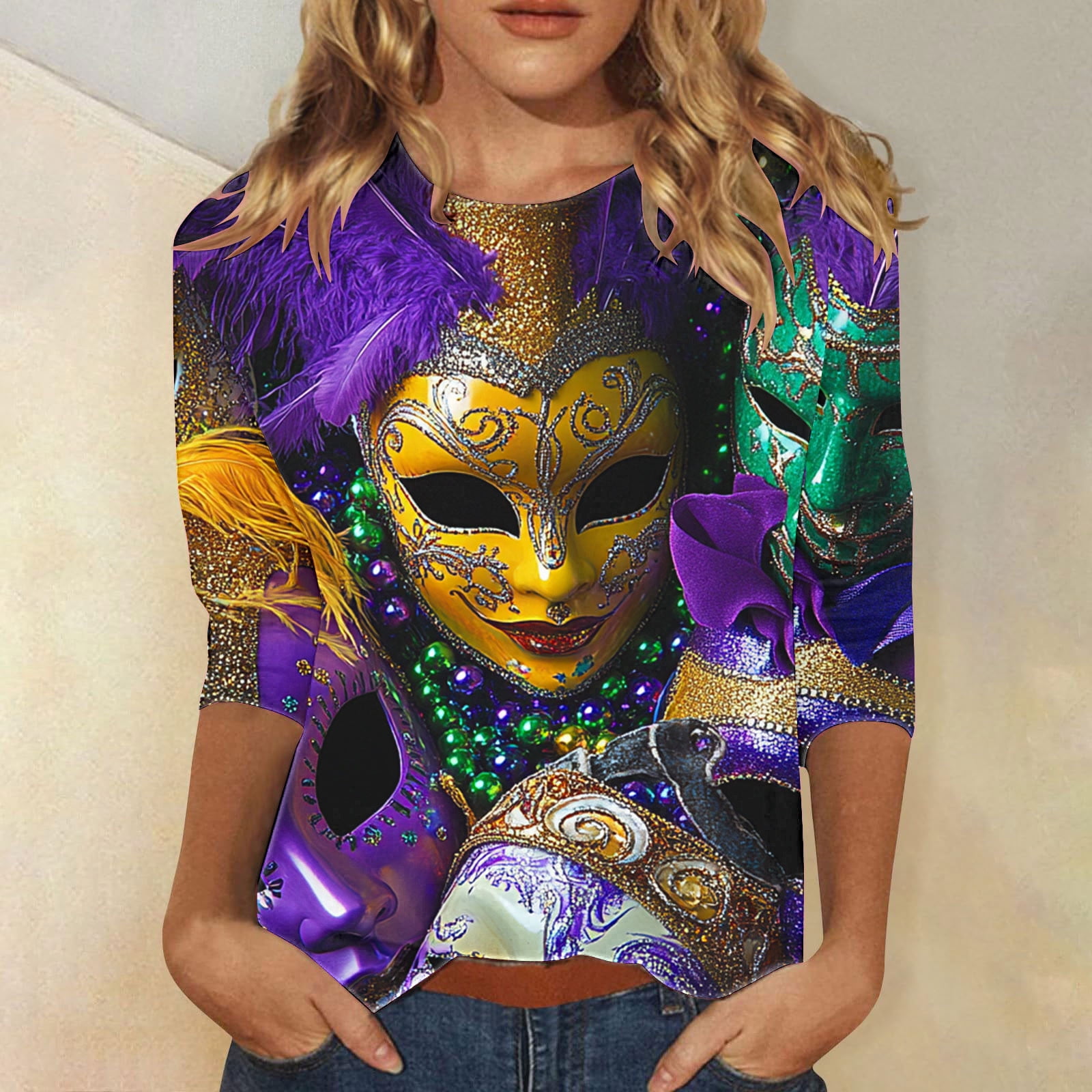 Jsaierl Mardi Gras Shirts for Women Carnival Outfit Mask Graphic Tee ...