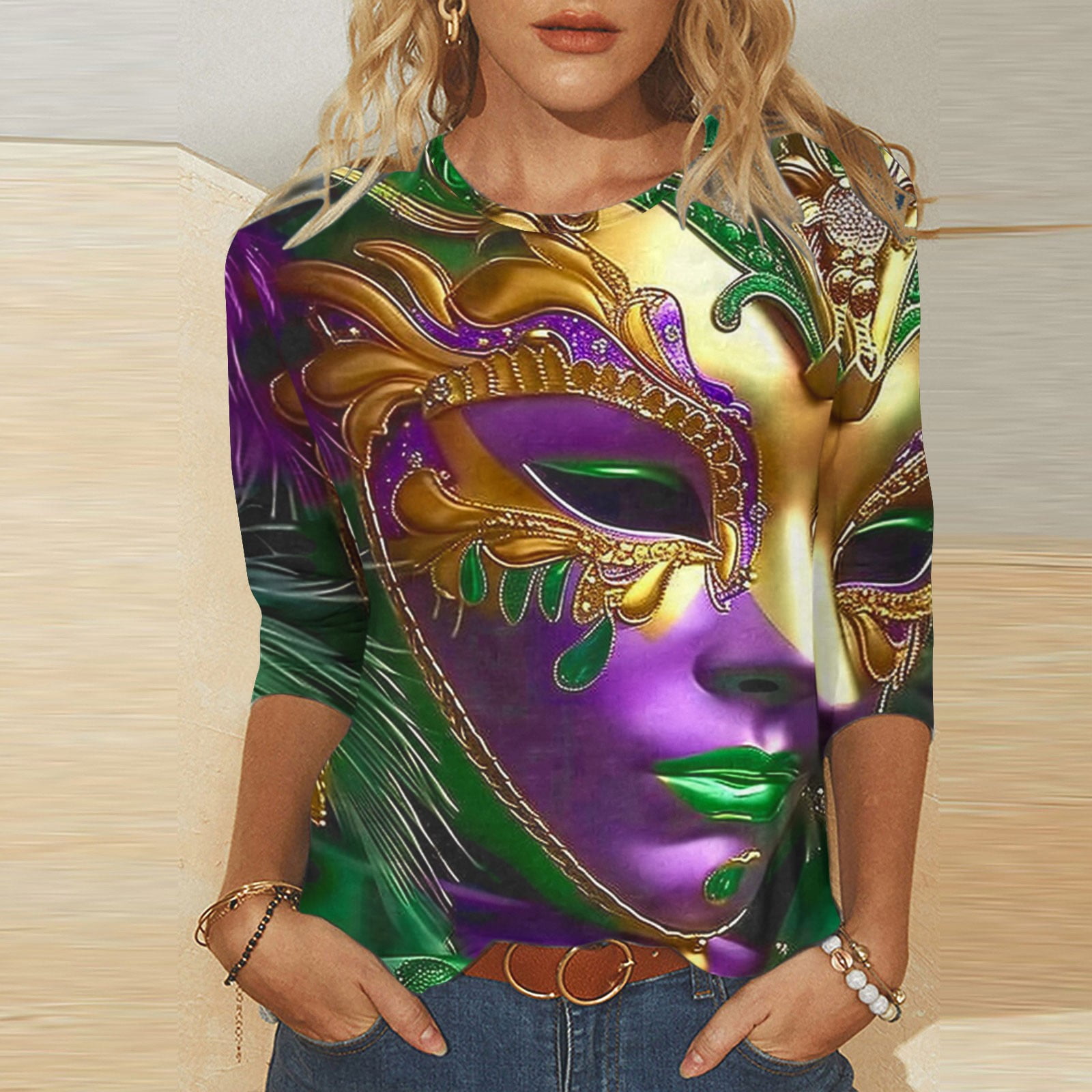 Jsaierl Mardi Gras Shirts for Women Funny Carnival Themed Mask Print ...