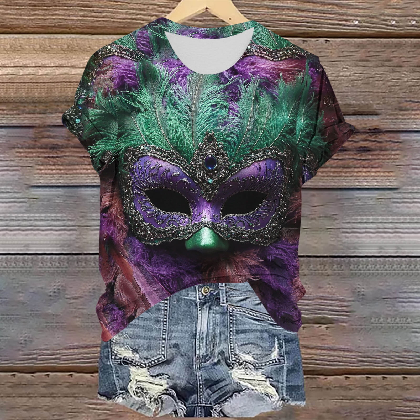 Jsaierl Mardi Gras Tshirts for Women Cute Carnival Themed Mask Print ...