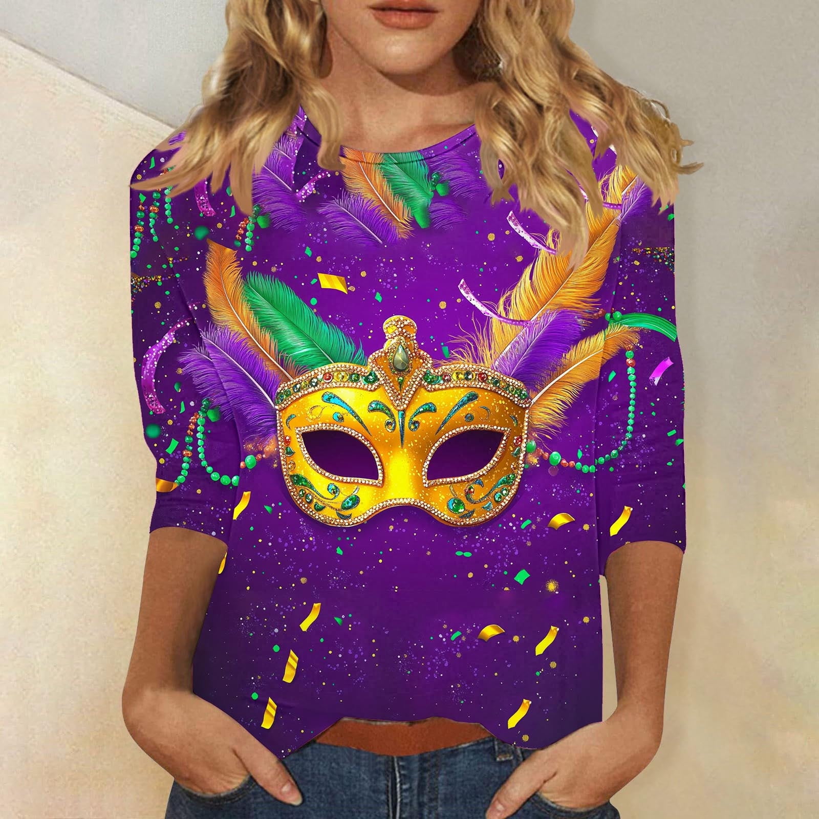 Jsaierl Mardi Gras Tshirts for Women Funny Carnival Themed Mask Print ...