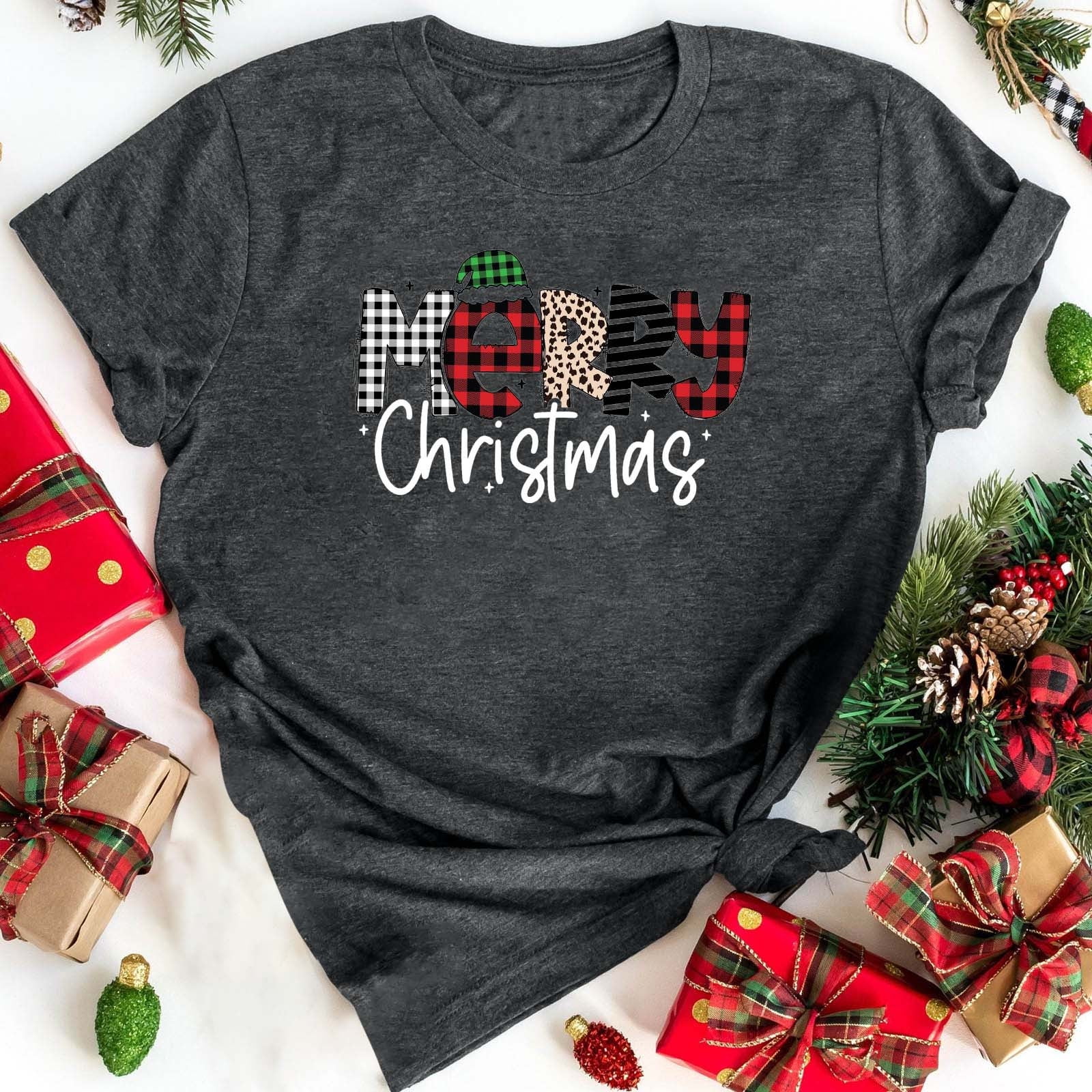 Jsaierl Merry Christmas T Shirts for Women Funny Graphic Tees Short ...