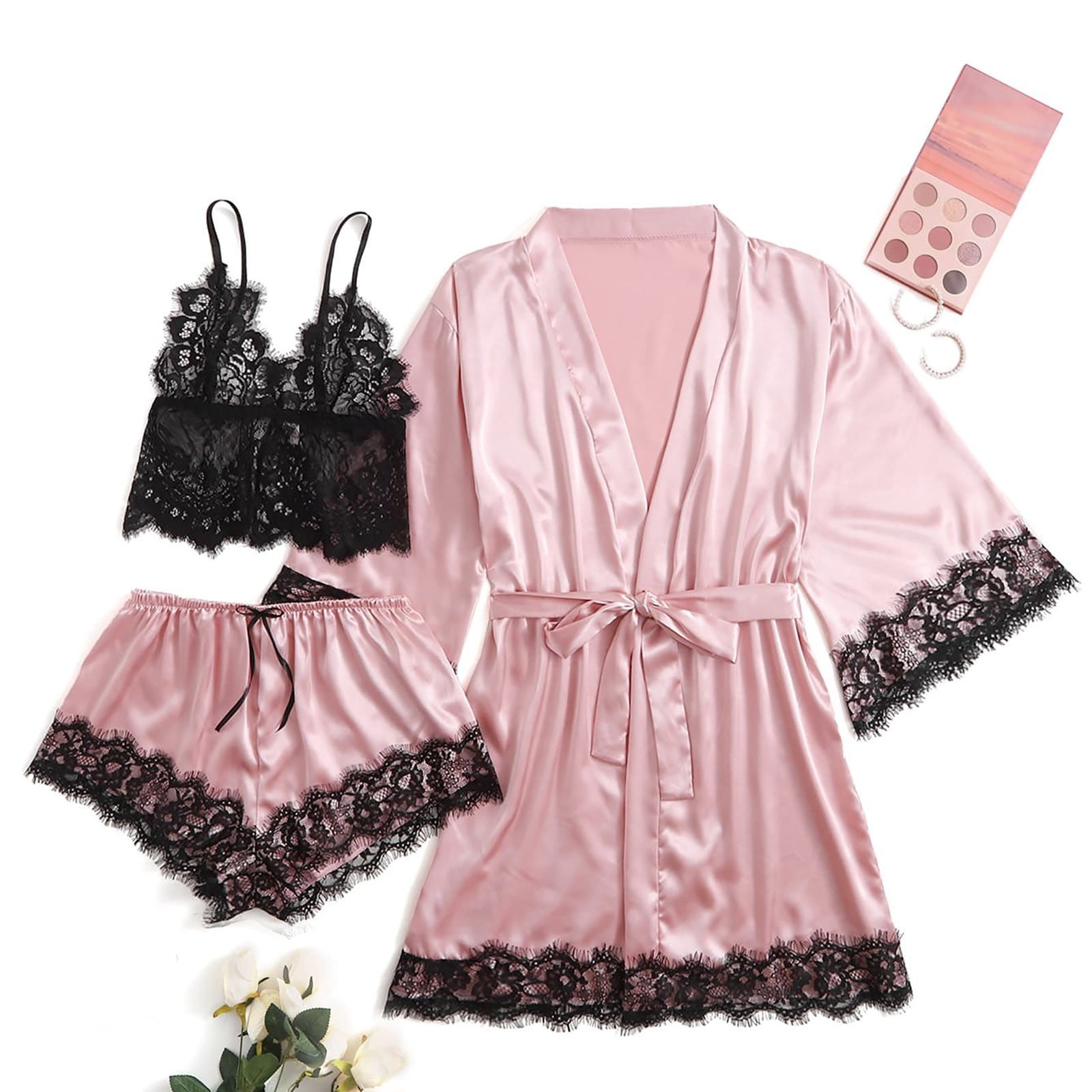 Jsaierl Pajamas for Women Set Ladies Plus Size Silk Satin Four-piece ...