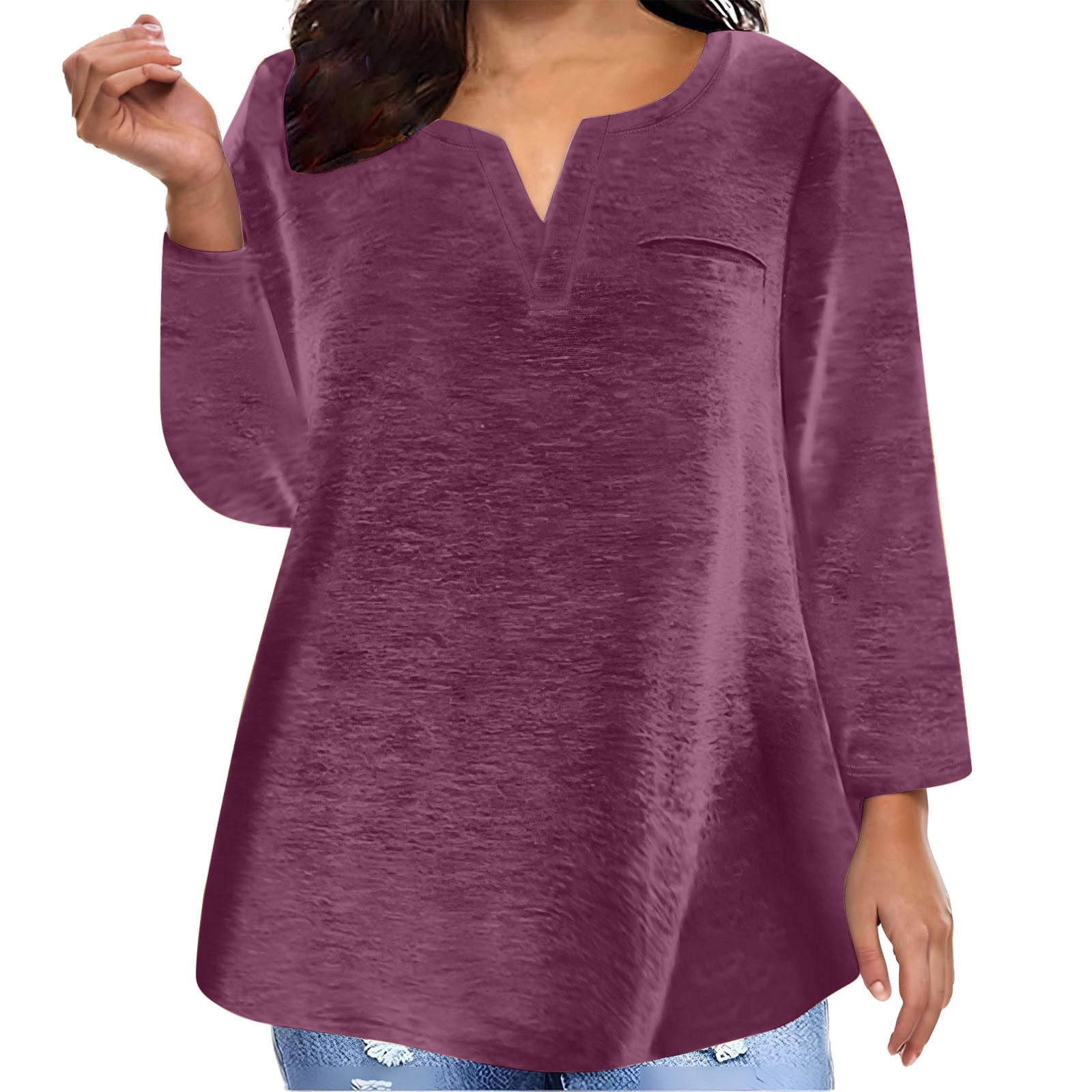 Jsaierl Plus Size Tops for Women Long Sleeve Notched V Neck T Shirts Solid Color Basic Shirts ...