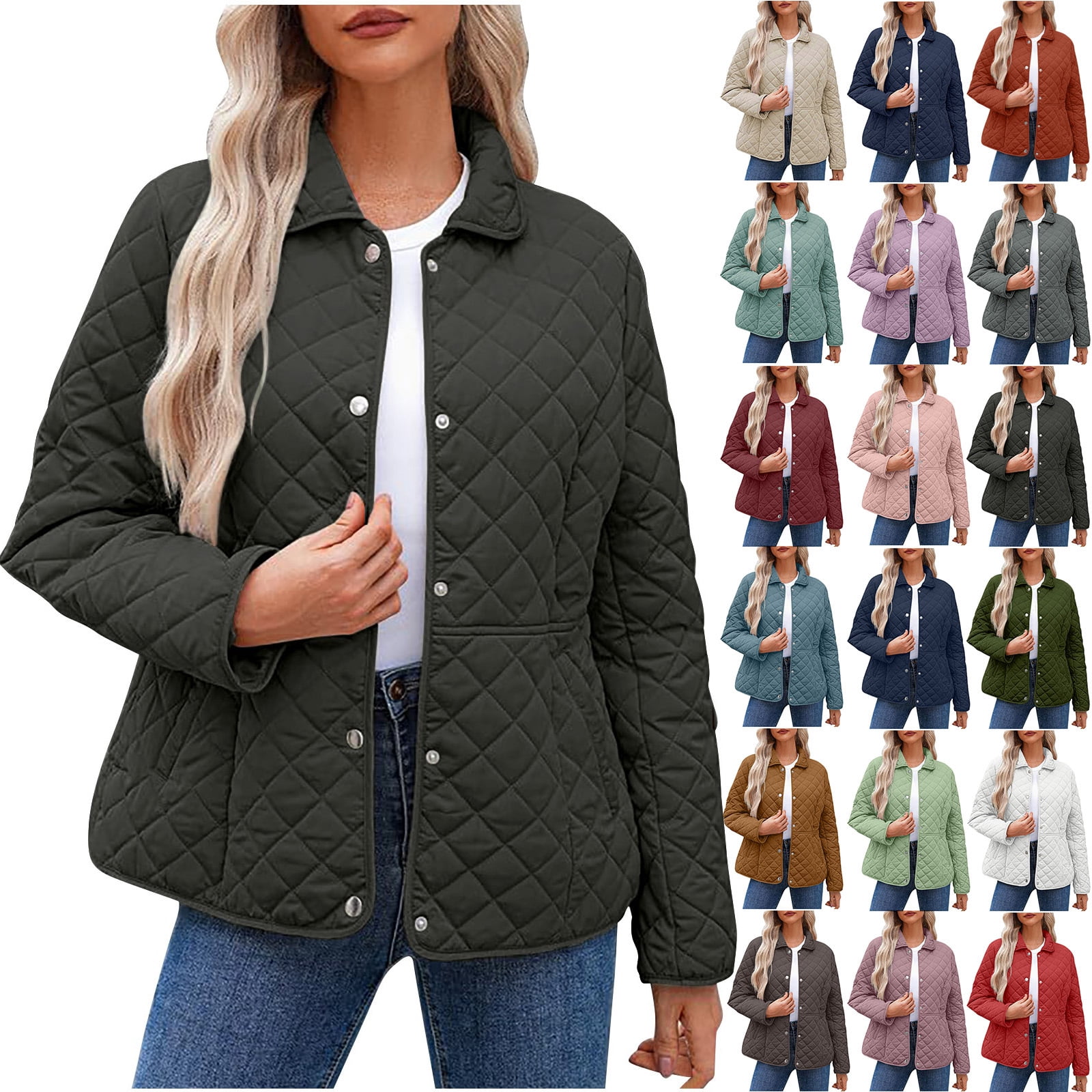 Jsaierl Quilted Jackets for Women Casual Lapel Button Down Diamond ...