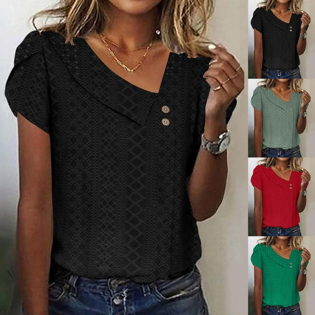 Jsaierl Shirts for Women Trendy Summer 2025 Petal Short Sleeve v Neck Petite Tops Cute Lace ...