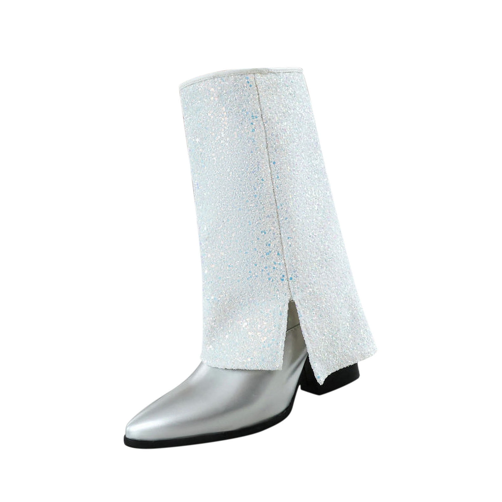 Jsaierl Sparkly Rhinestone Mid-Calf Boots for Womens Fold Over Pull On ...