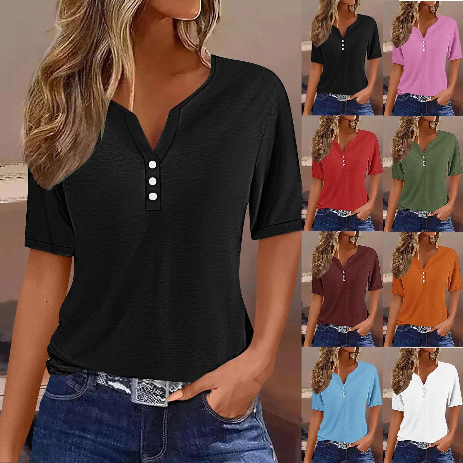 Jsaierl Summer Tops for Women 2025 Vacation Trendy V Neck Henley Shirts ...