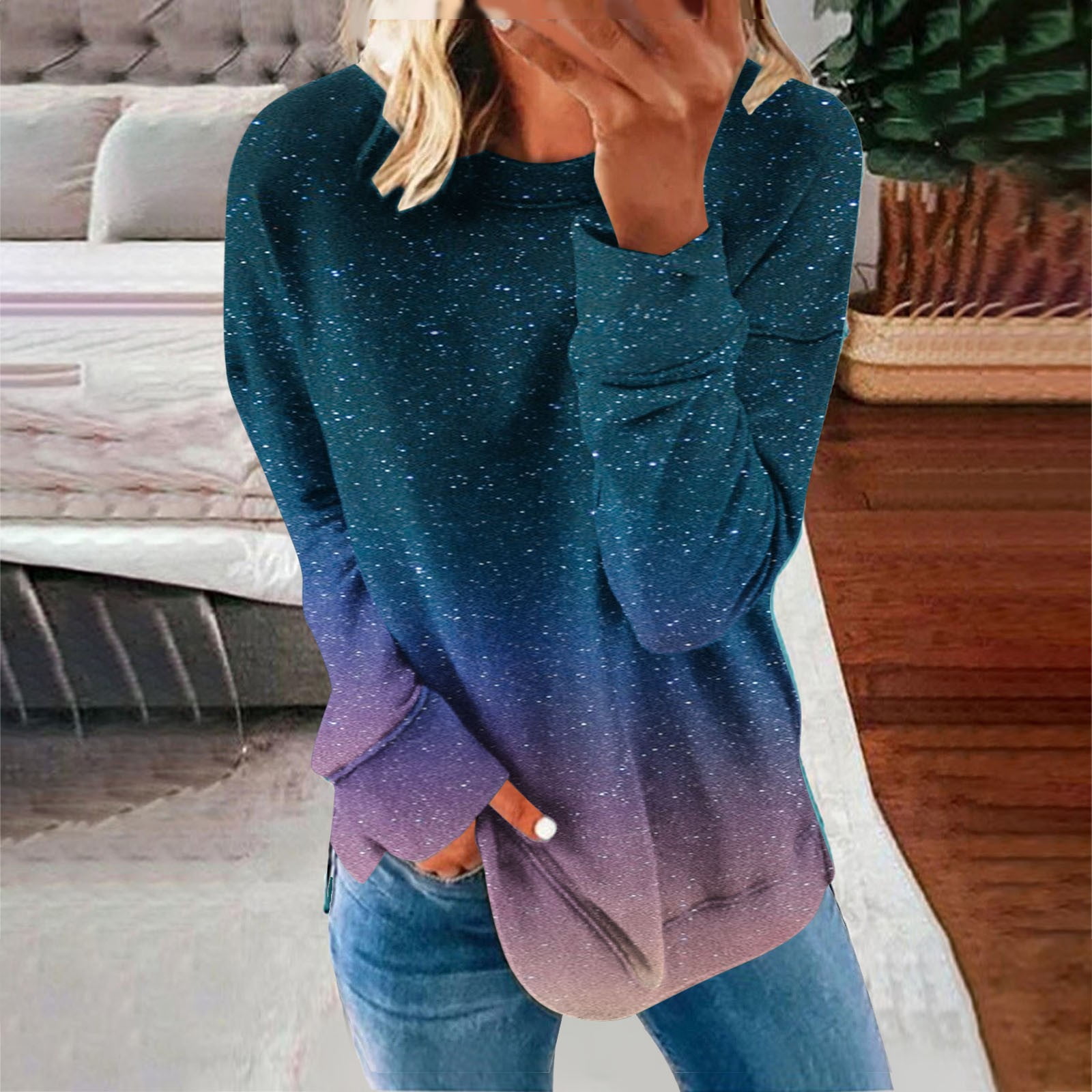 Jsaierl Loose Fit Gradient Print Crewneck Dressy Casual Oversized Long ...