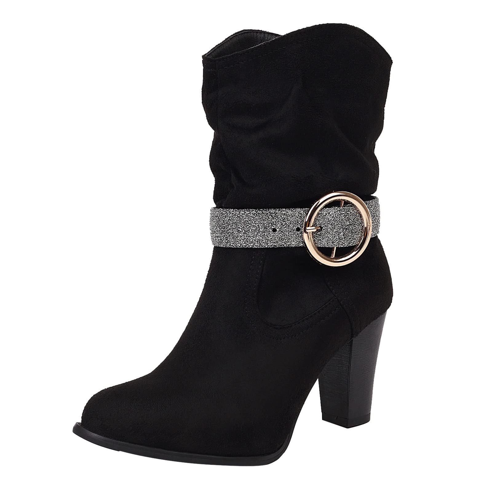 Jsaierl Women's Ankle Boots Chunky Stacked Heel Zipper Booties Cowboy ...