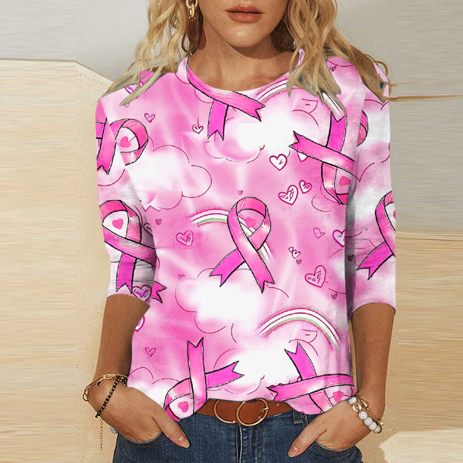 Jsaierl Women's Breast Cancer Shirts Pink Ribbon Graphic Tees Teen ...