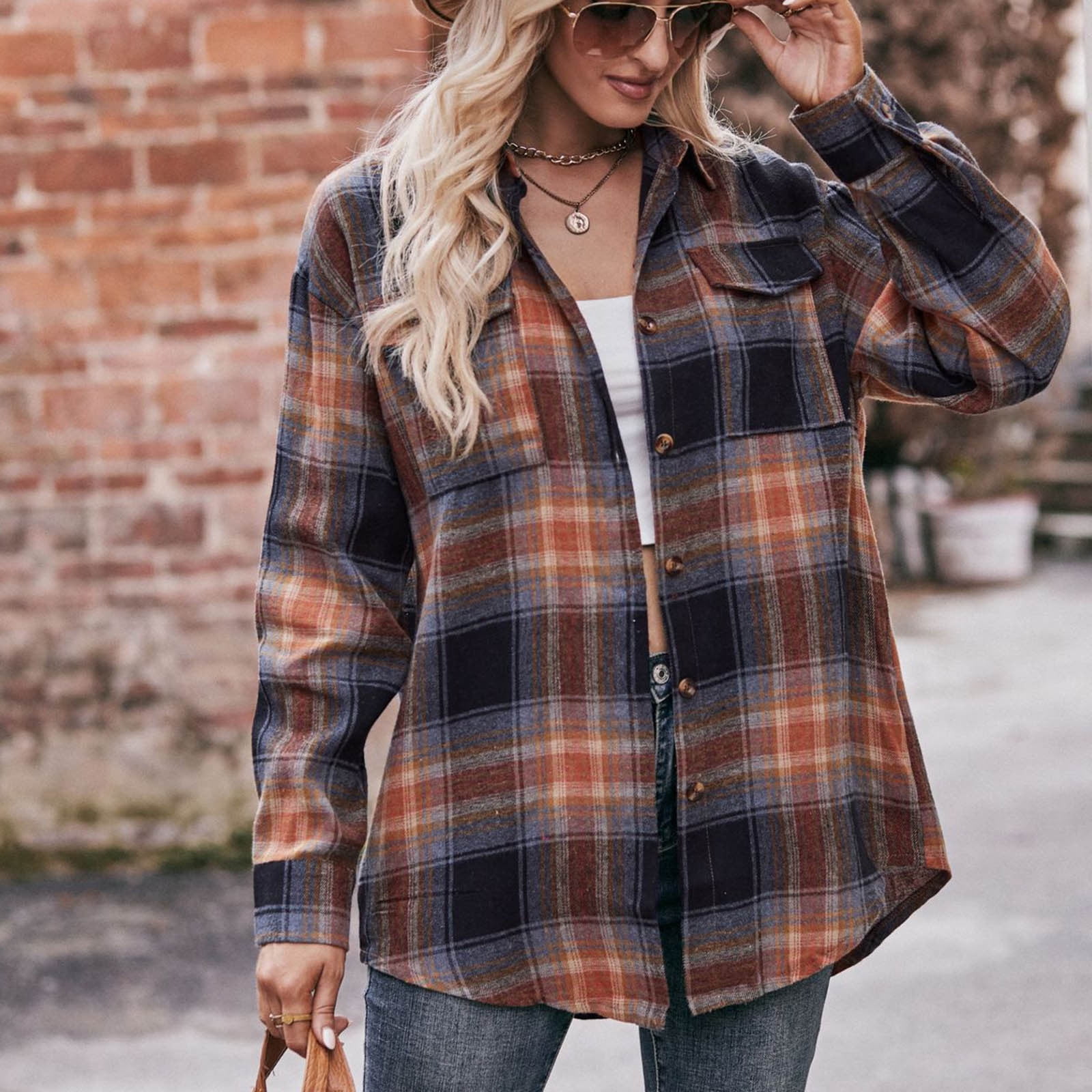 Jsaierl Women's Button Down Flannel Shirts Plaid Shacket Long Sleeve ...