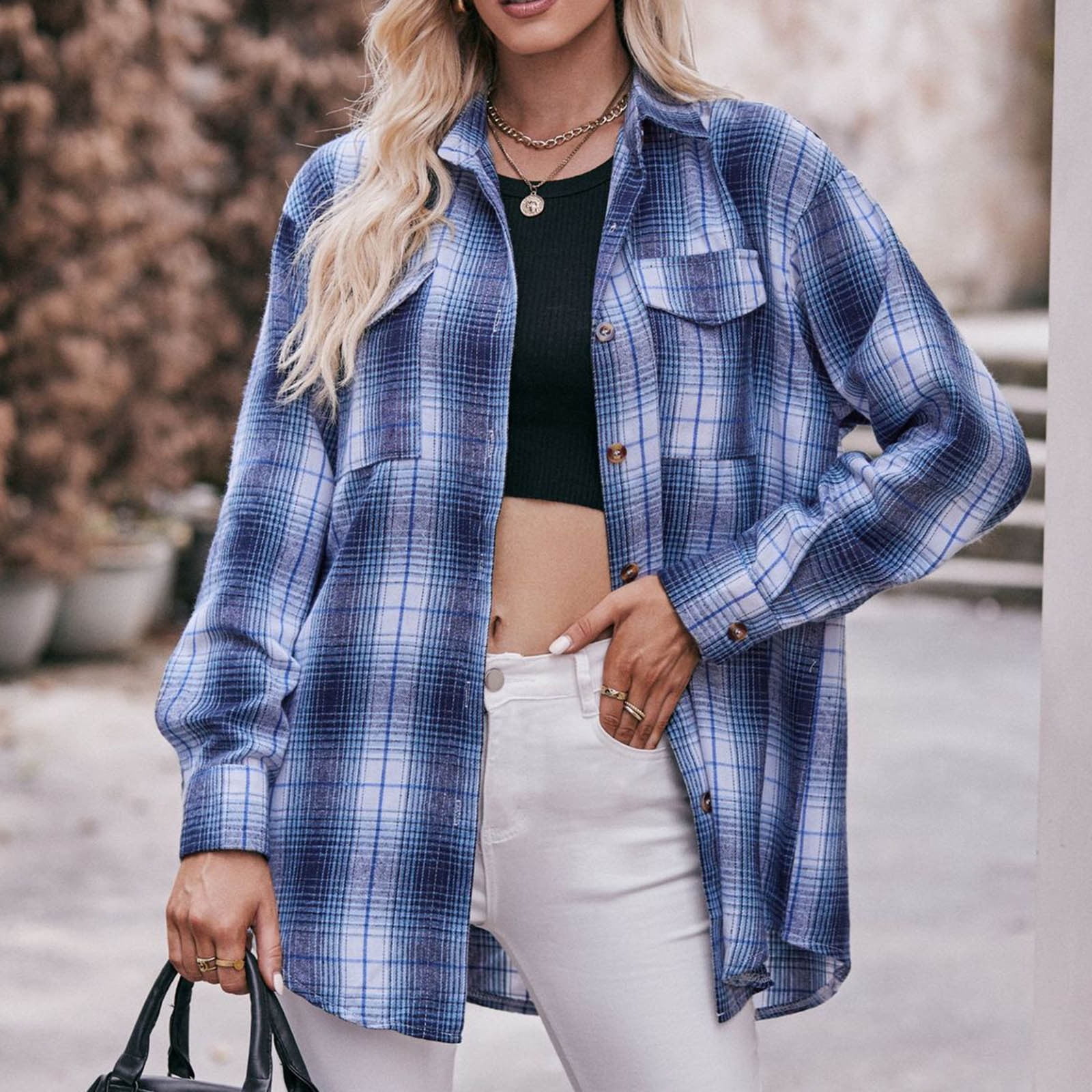 Jsaierl Women's Button Down Flannel Shirts Plaid Shacket Long Sleeve ...