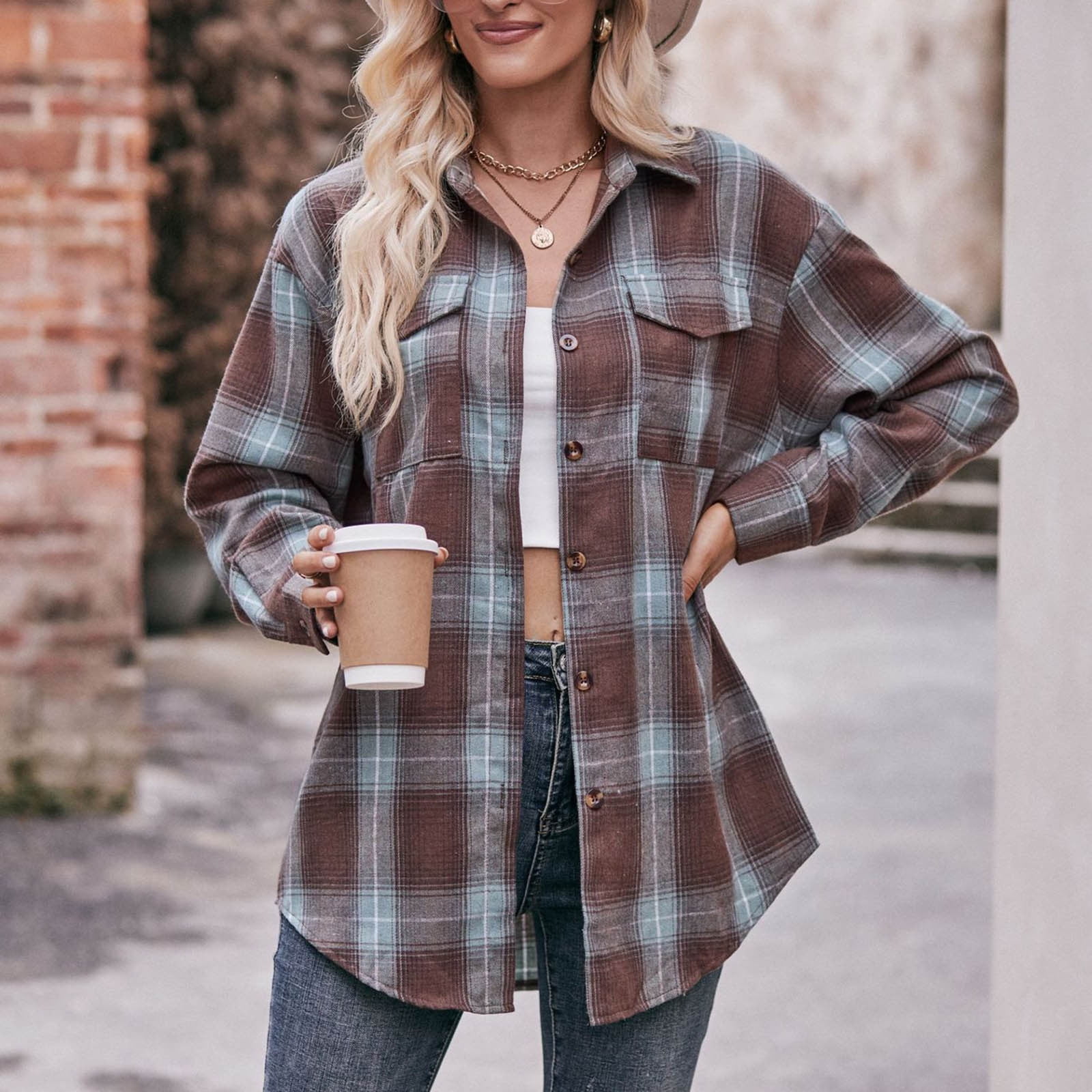 Jsaierl Women's Button Down Flannel Shirts Plaid Shacket Long Sleeve ...