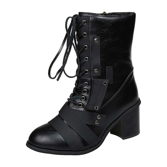 Jsaierl Women’s Combat Boots Lace up Mid Calf Boots Low Heel Chunky ...