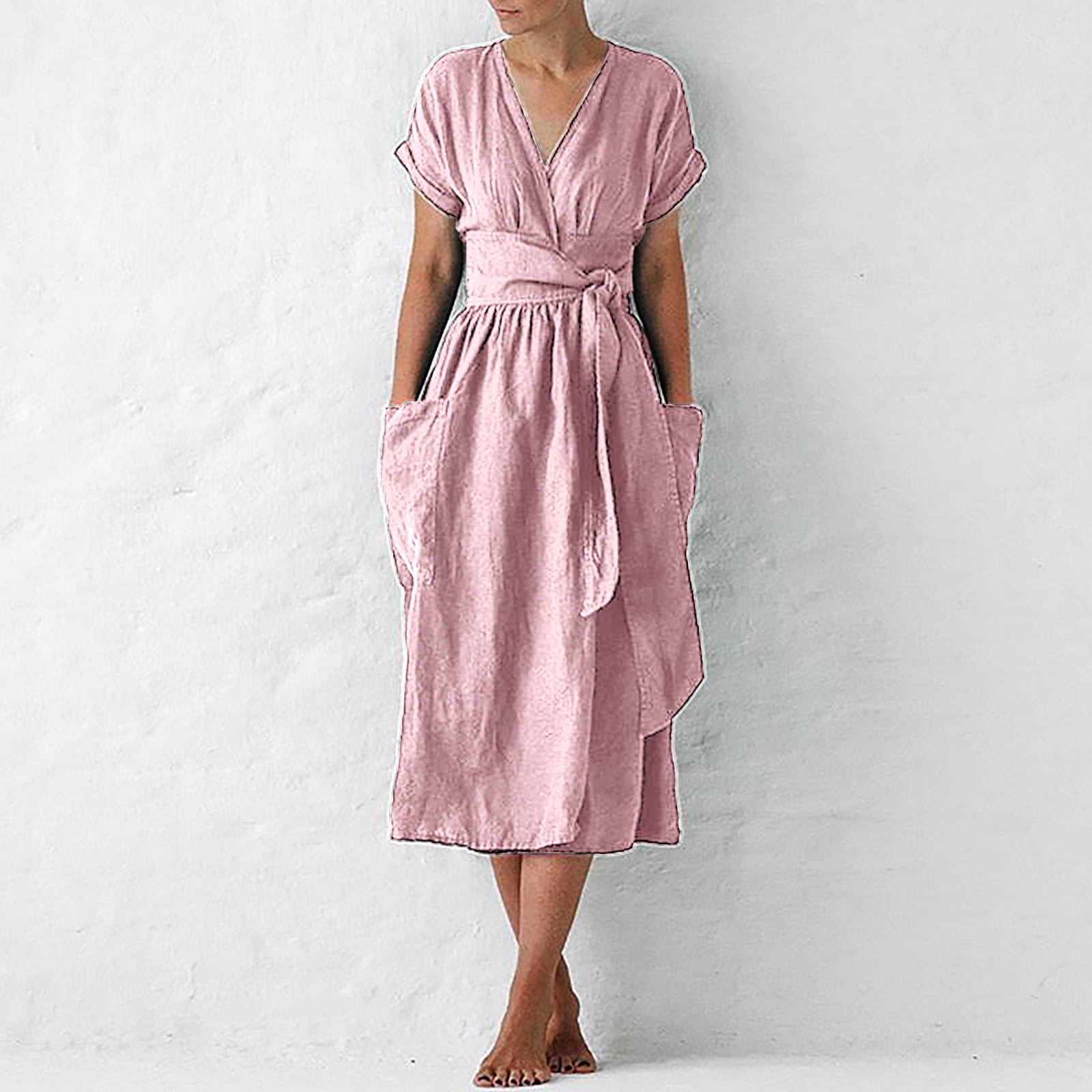 Jsaierl Women's Cotton Linen Dresses Summer Casual Short Sleeve Midi ...