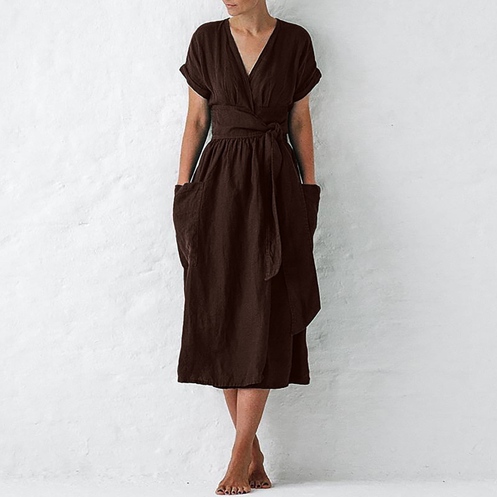 Jsaierl Women's Cotton Linen Dresses Summer Casual Short Sleeve Midi ...