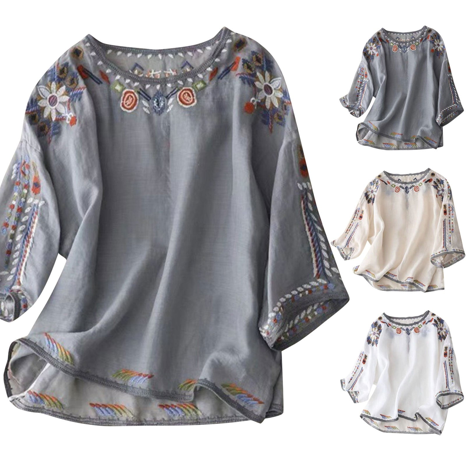 Jsaierl Women's Cotton Linen Embroidered Retro Henley neck 3/4 Lantern ...