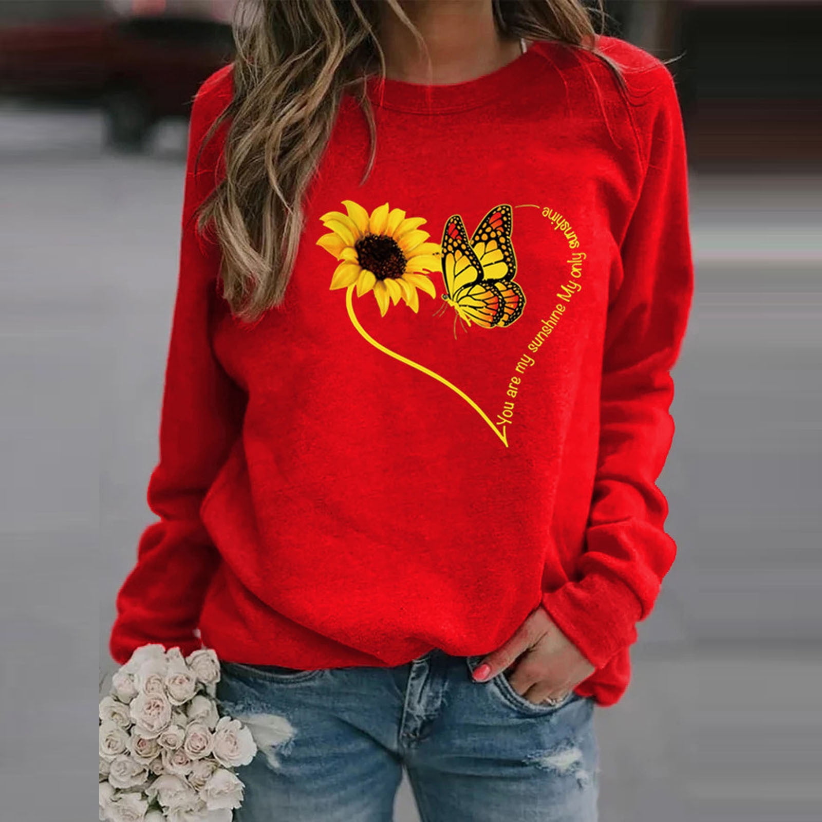 Jsaierl Women's Crewneck Sweatshirts Plus Size Trendy Sunflower Print ...