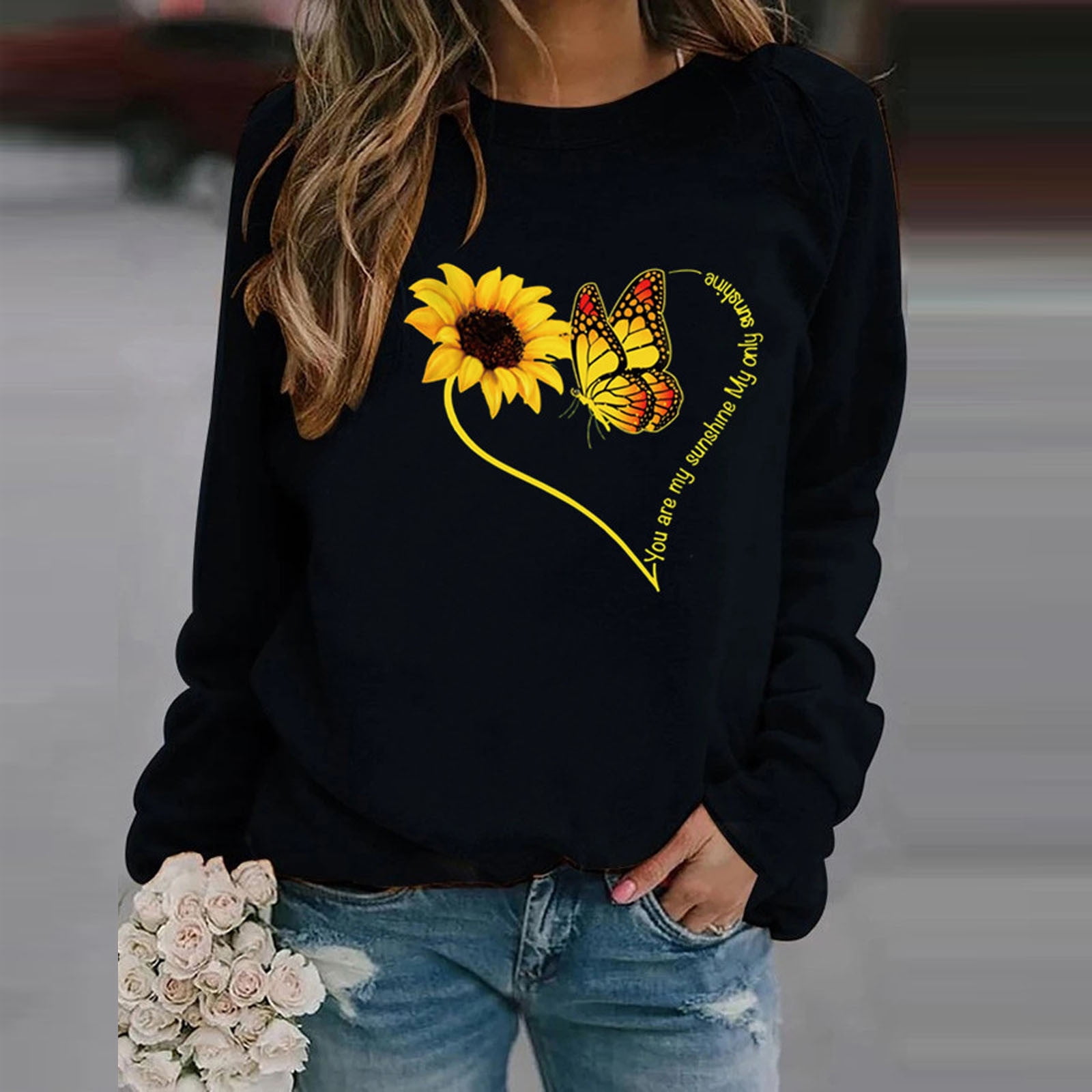 Jsaierl Women's Crewneck Sweatshirts Plus Size Trendy Sunflower Print ...