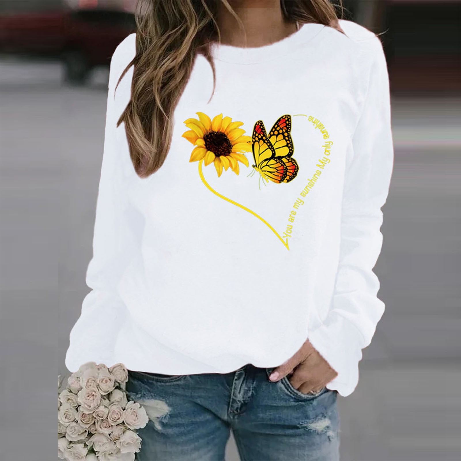 Jsaierl Women's Crewneck Sweatshirts Plus Size Trendy Sunflower Print ...