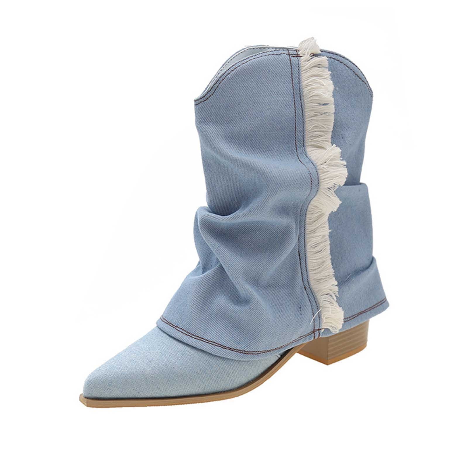 Jsaierl Women's Denim Boots Cowboy Western Fold Over Cowgirl Boots ...