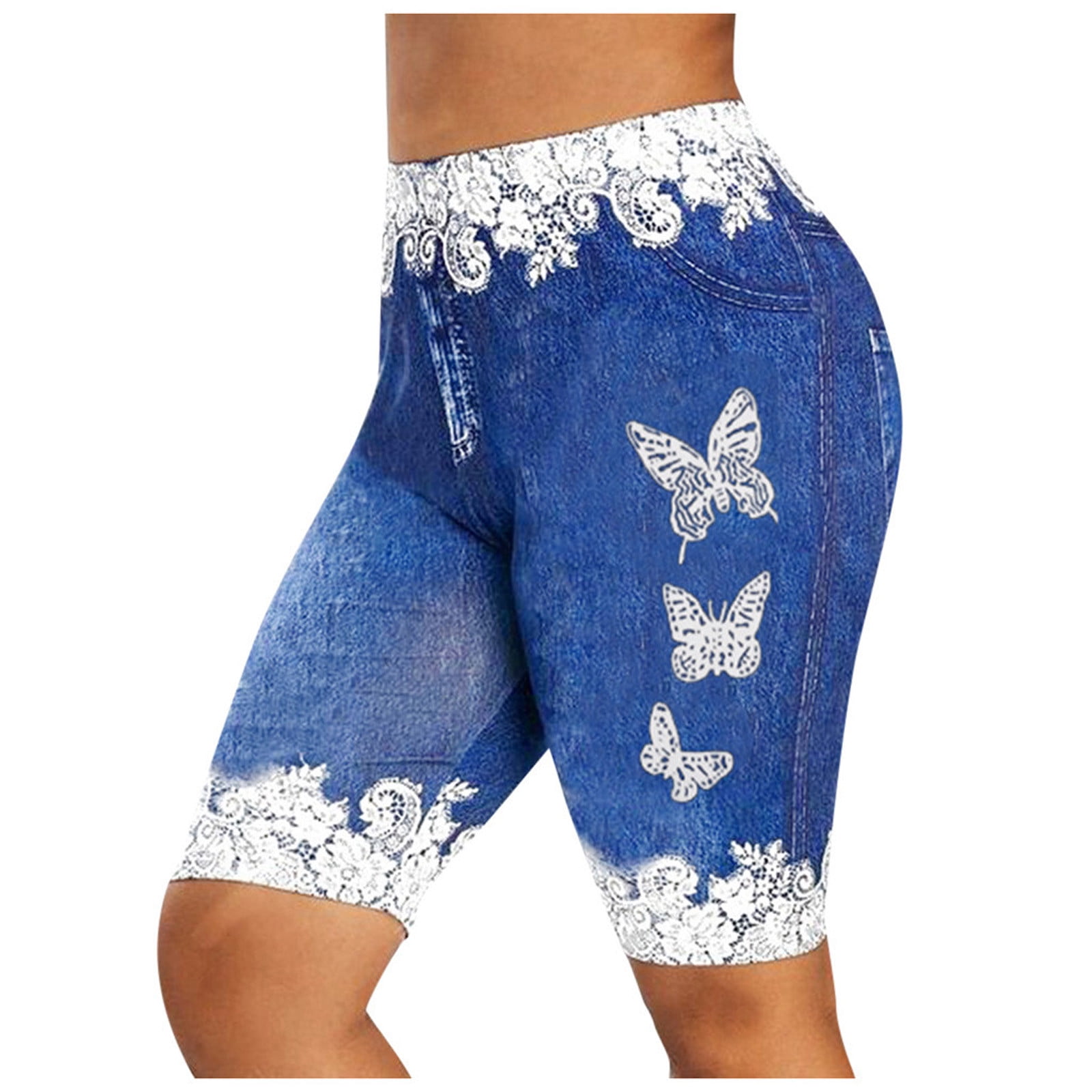 Jsaierl Women's Denim Print Fake Jeans Leggings Butterfly Print Bermuda ...