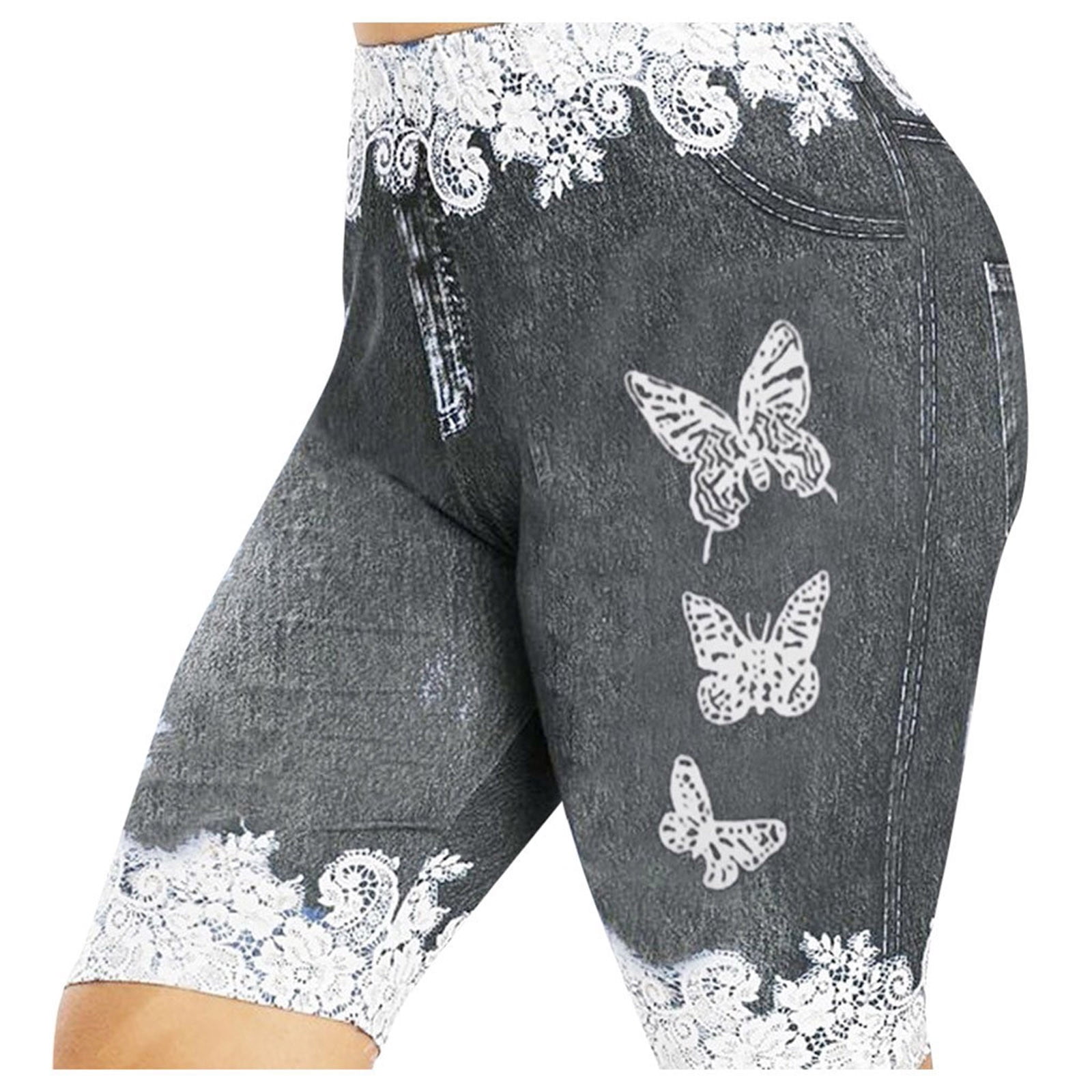 Jsaierl Women's Denim Print Fake Jeans Leggings Butterfly Print Bermuda ...