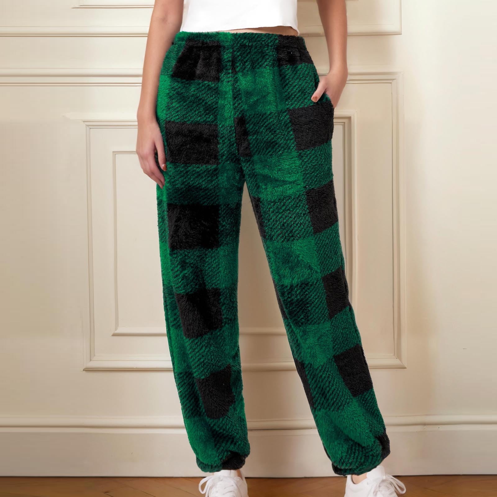 Jsaierl Women's Fuzzy Pajama Pants Buffalo Plaid Soft Warm Fleece Plush ...