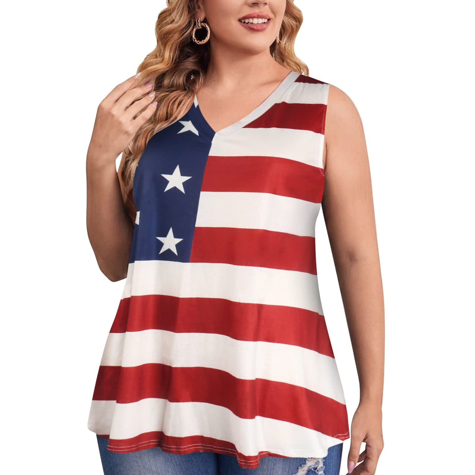 Jsaierl Womens Independence Day Tank Tops Plus Size Patriotic Red
