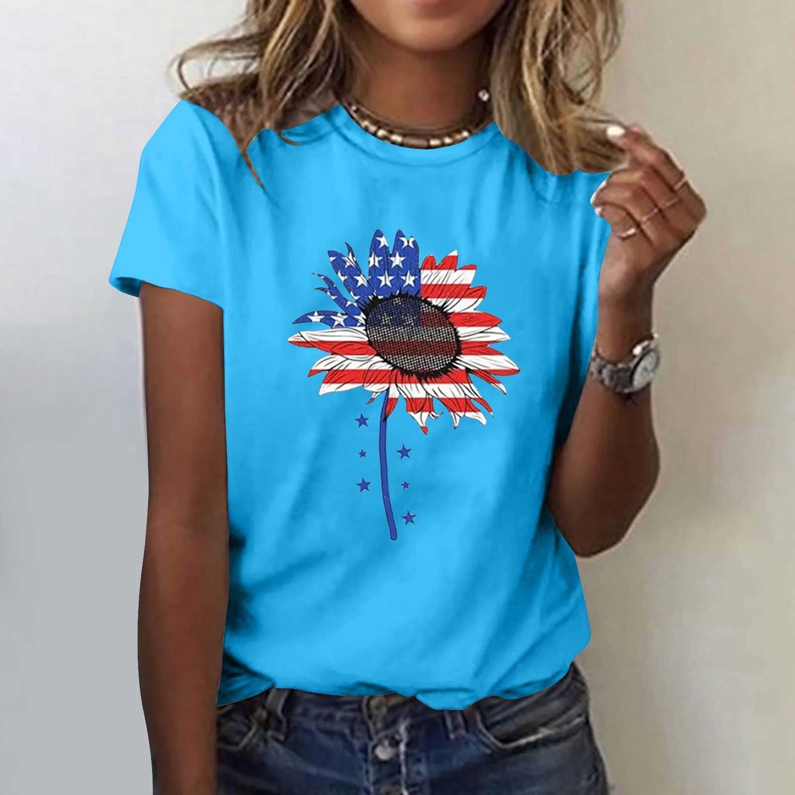 Jsaierl Womens Independence Day Tops Plus Size Patriotic American Flag