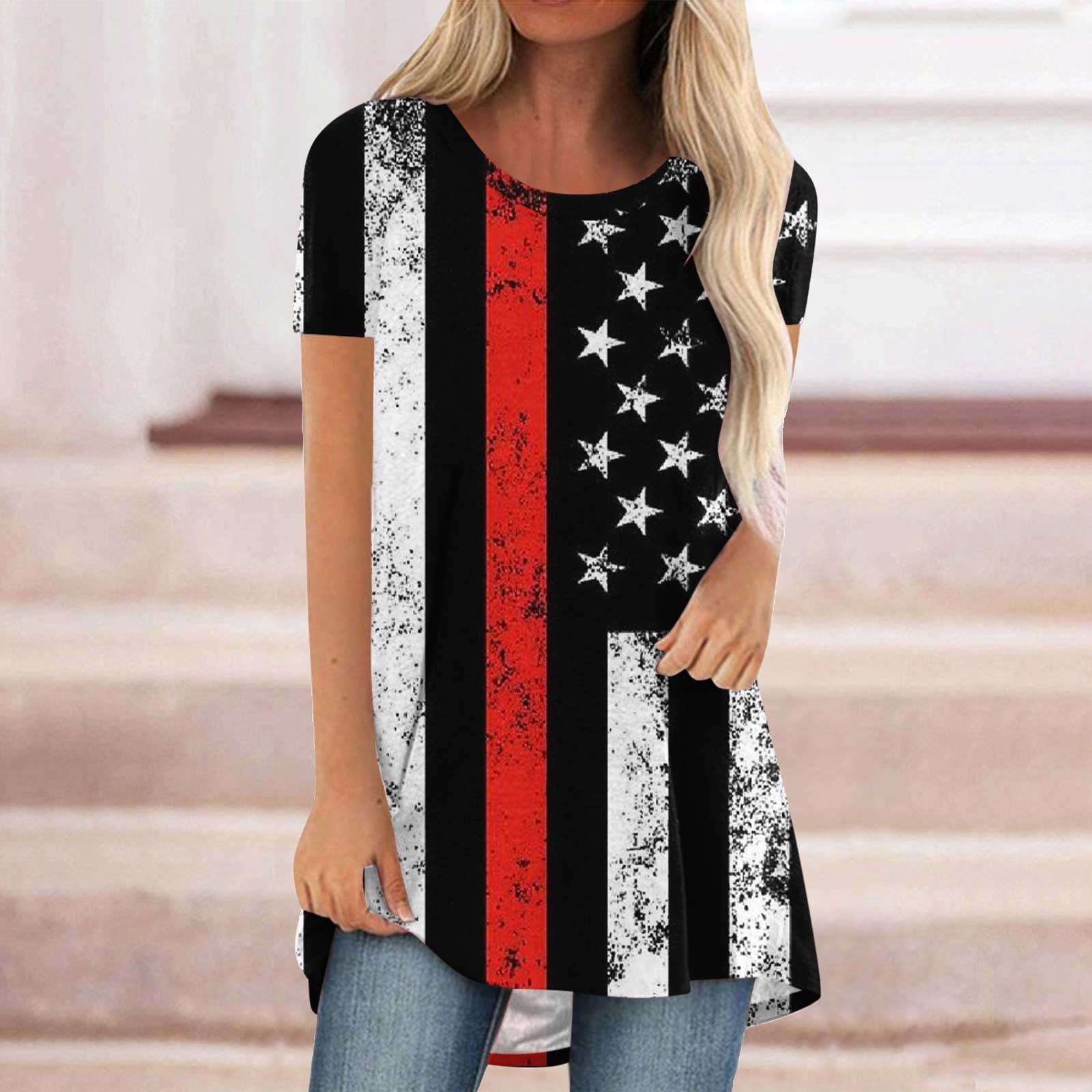 Jsaierl Womens Independence Day Tops Plus Size Patriotic Usa Flag