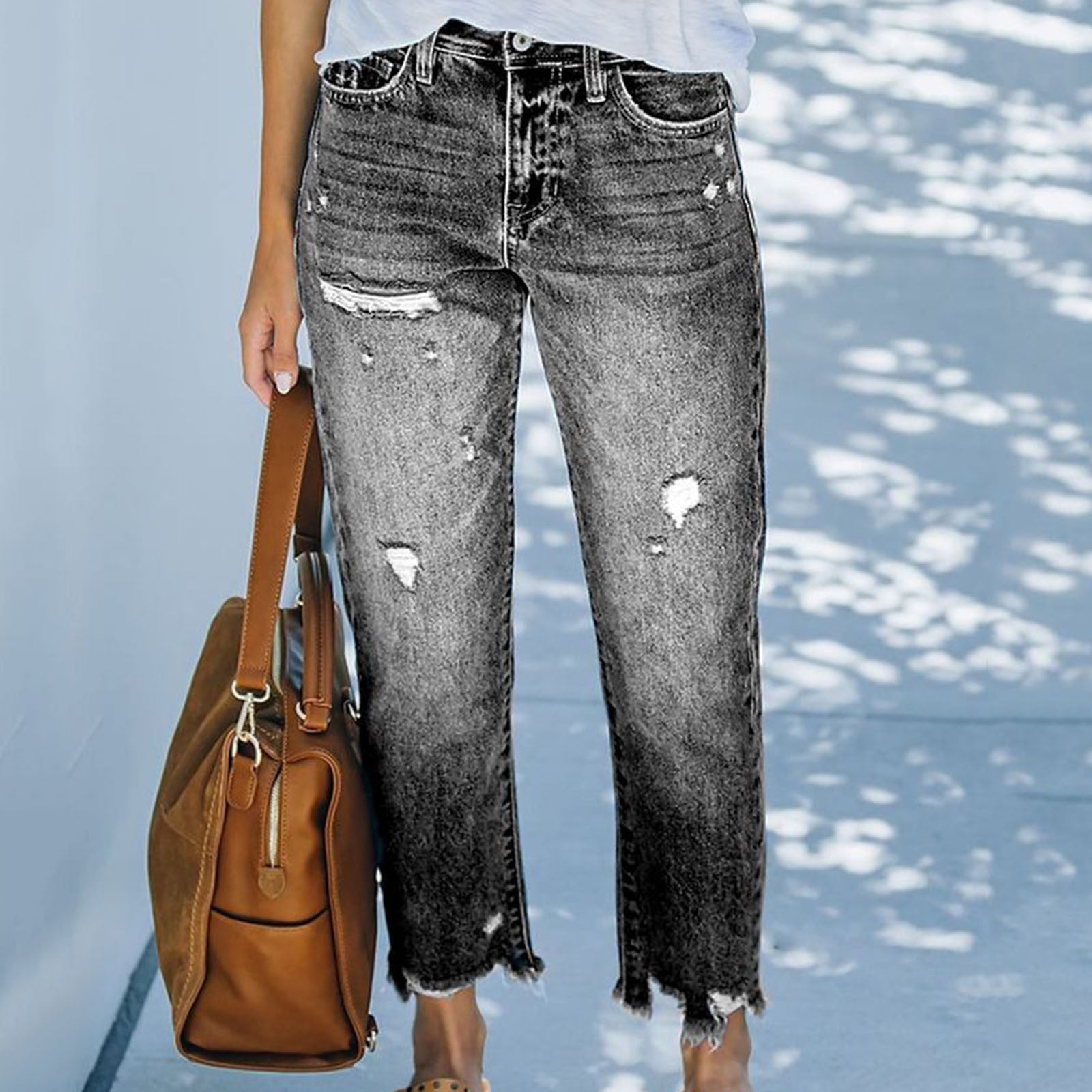 Jsaierl Women's Jeans High Rise Distressed Denim Pants Petite Work ...