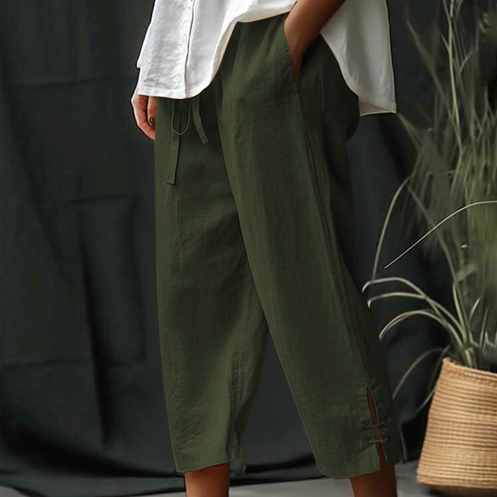 Jsaierl Women's Linen Pants for Summer Drawstring Trendy Lightweight ...