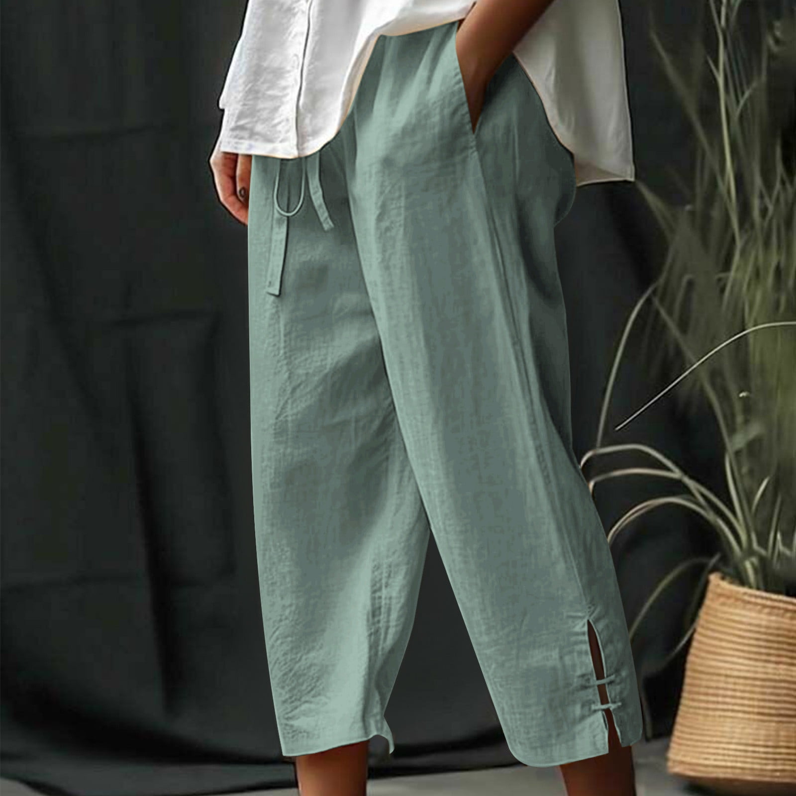 Jsaierl Women's Linen Pants for Summer Drawstring Trendy Lightweight ...