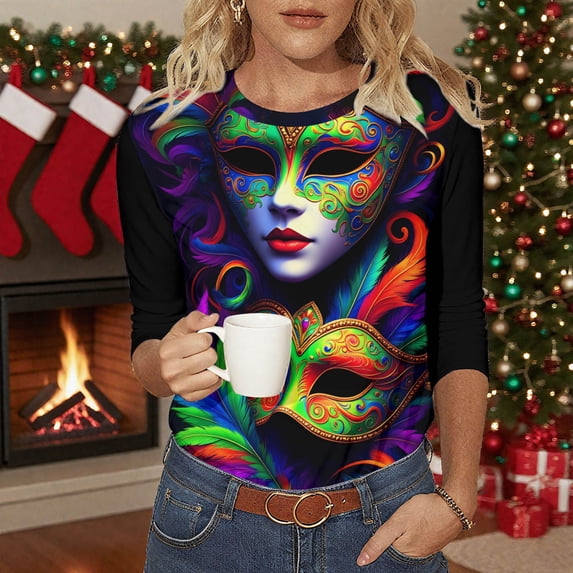 Jsaierl Women's Mardi Gras Shirts Cute Carnival Themed Mask Graphic ...