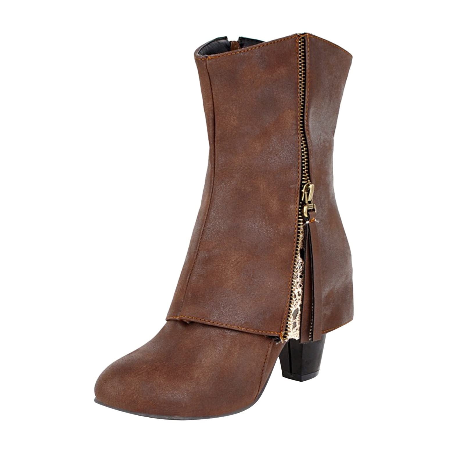 Jsaierl Women's Mid-Calf Boots Chunky Heel Fold Over Riding Boots ...