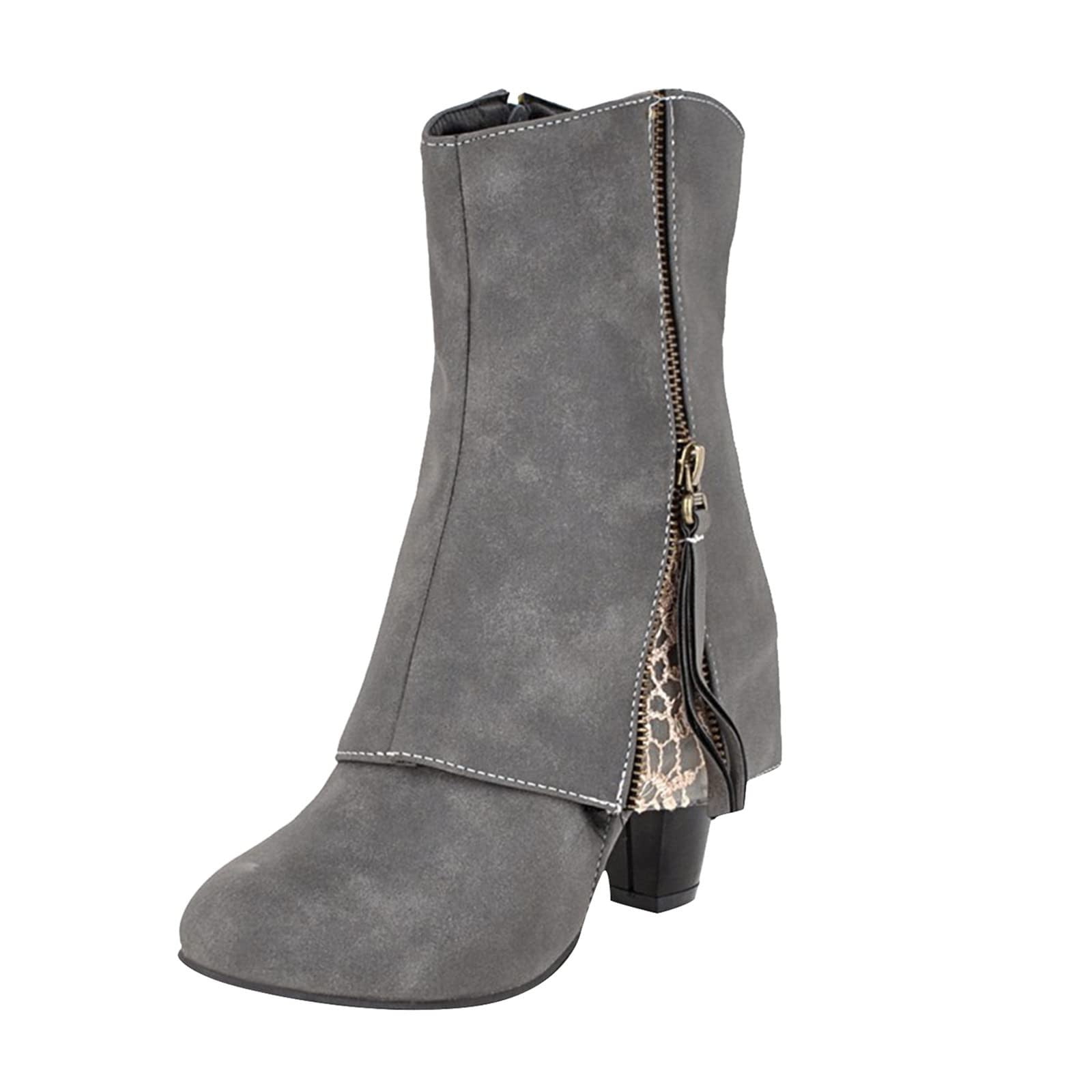 Jsaierl Women's Mid-Calf Boots Chunky Heel Fold Over Riding Boots ...