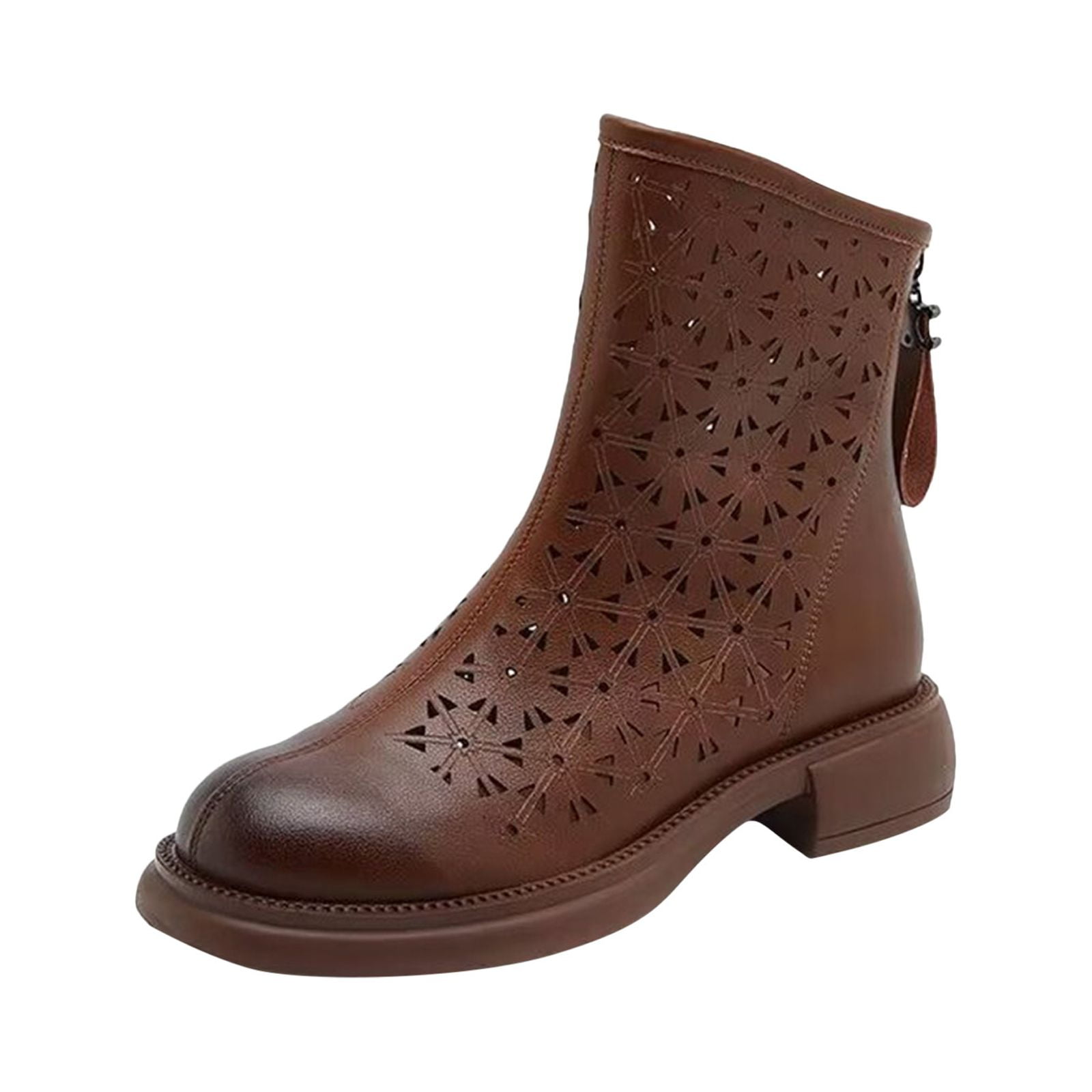 Jsaierl Women's Perforated Cutout Ankle Boots Chunky Stacked Block Heel ...