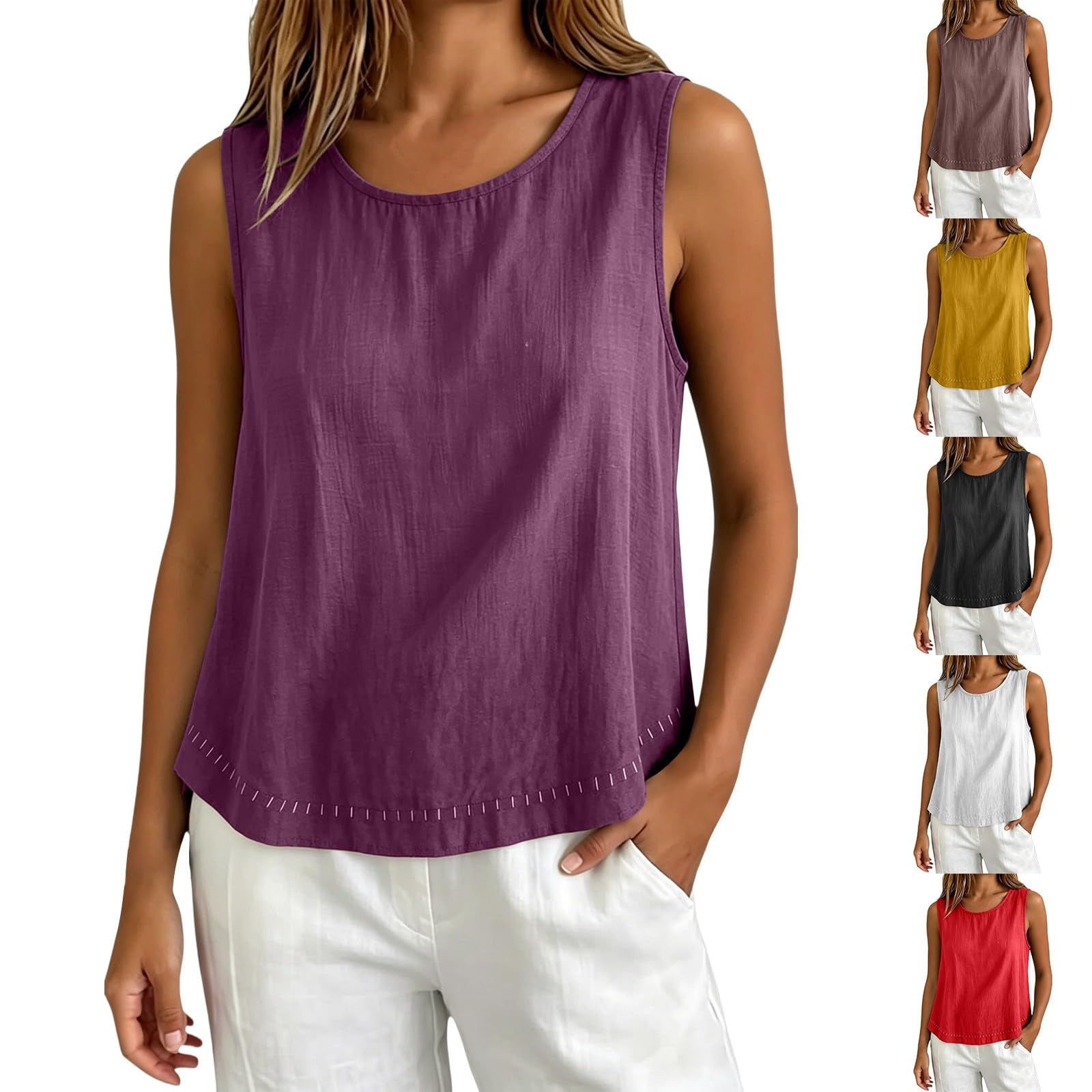Jsaierl Women's Round Neck Stitch Detail Linen Sleeveless Tank Top ...