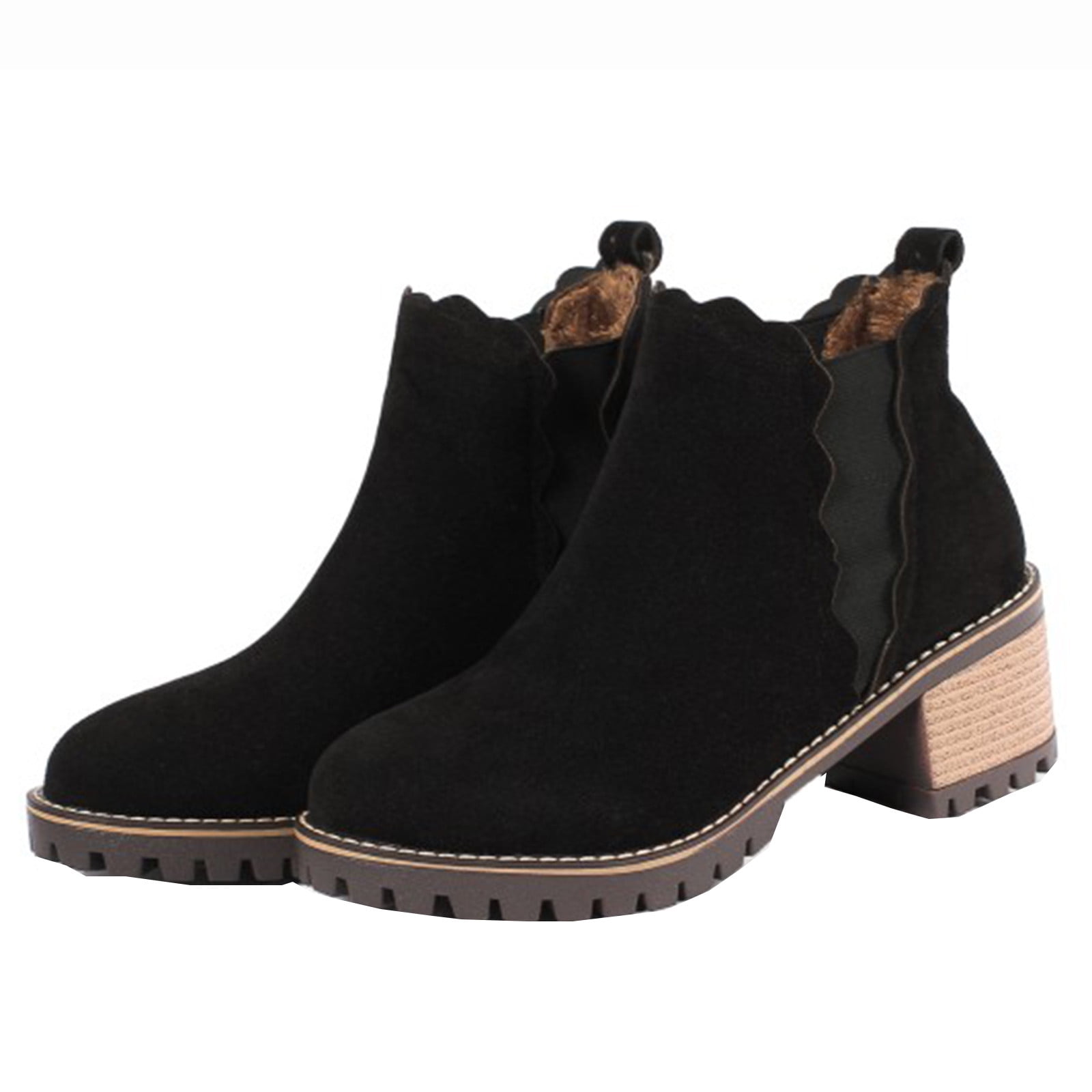 Jsaierl Women's Ruffle Block Heel Ankle Boots Faux Fur Lined Winter ...