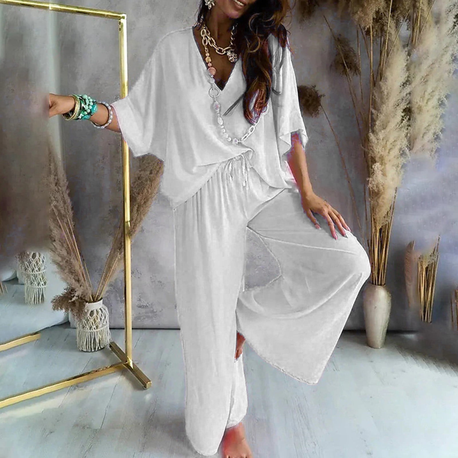 Jsaierl Womens 2 Piece Summer Sets Short Sleeve Casual Tops and Wide ...