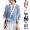 Jsaierl 3/4 Length Sleeve Cotton Linen Tops for Women Plus Size V Neck ...