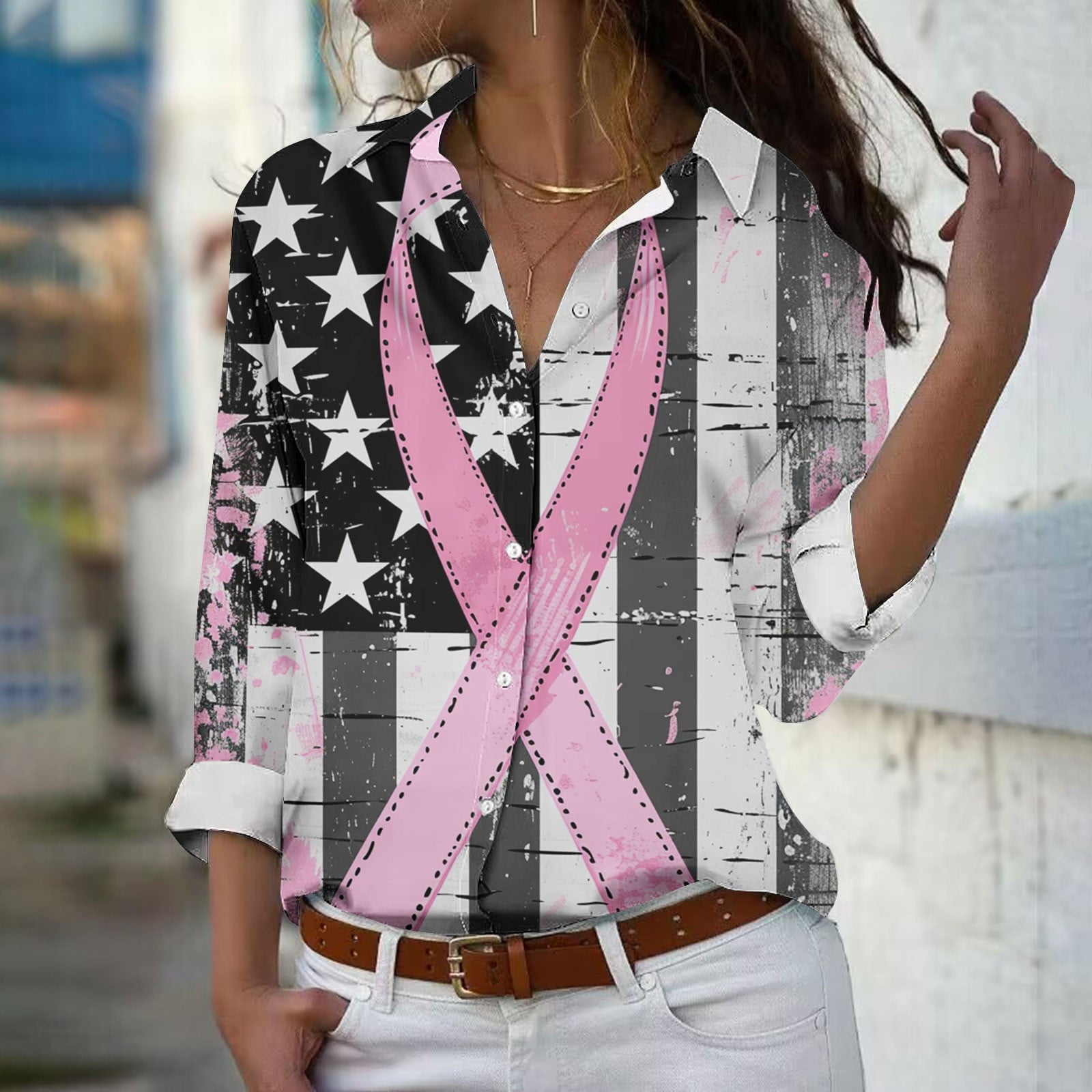 Jsaierl Womens Breast Cancer Shirts Pink Ribbon Graphic Tees Funny Long ...