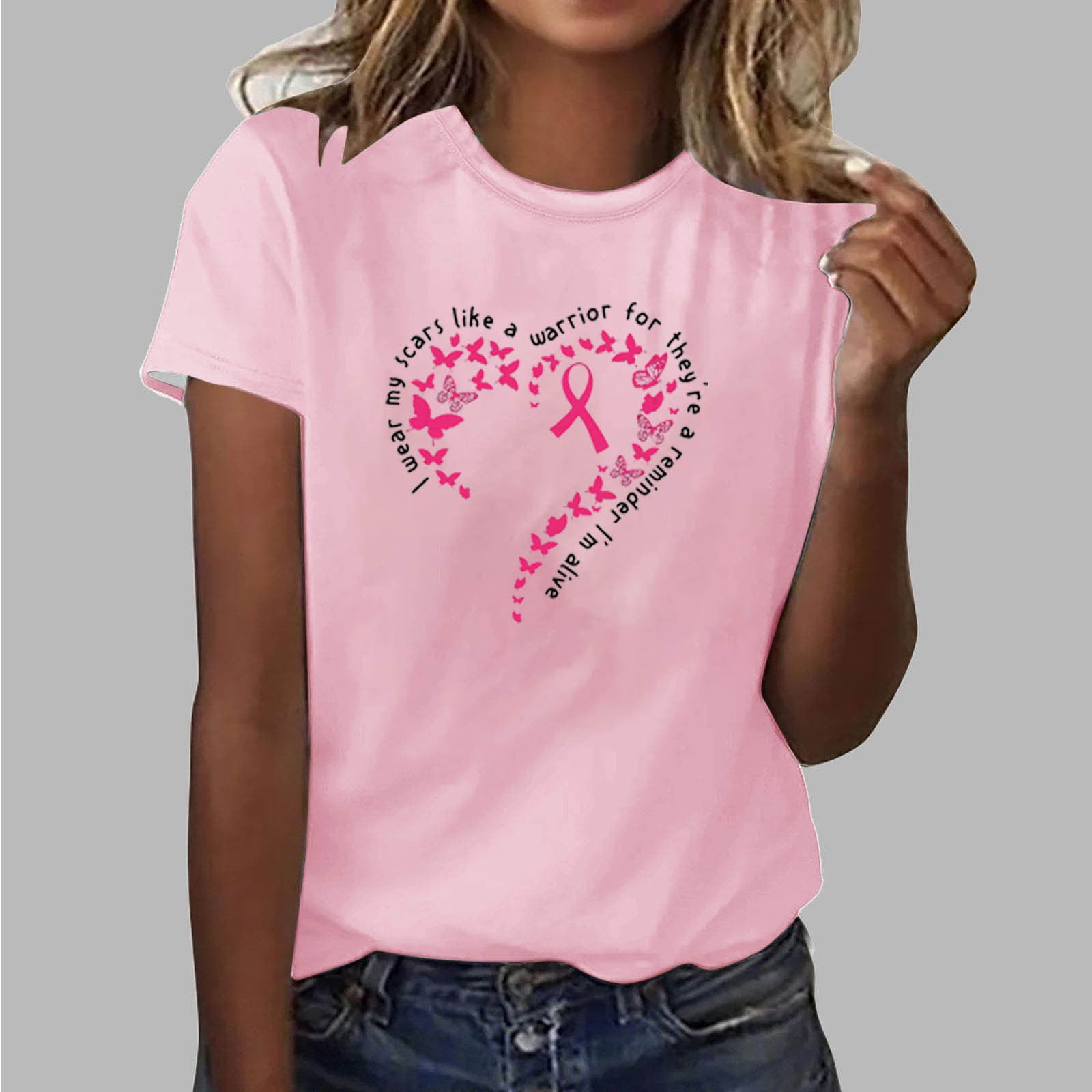 Jsaierl Womens Breast Cancer Shirts Pink Ribbon Print Tees Funny Short ...