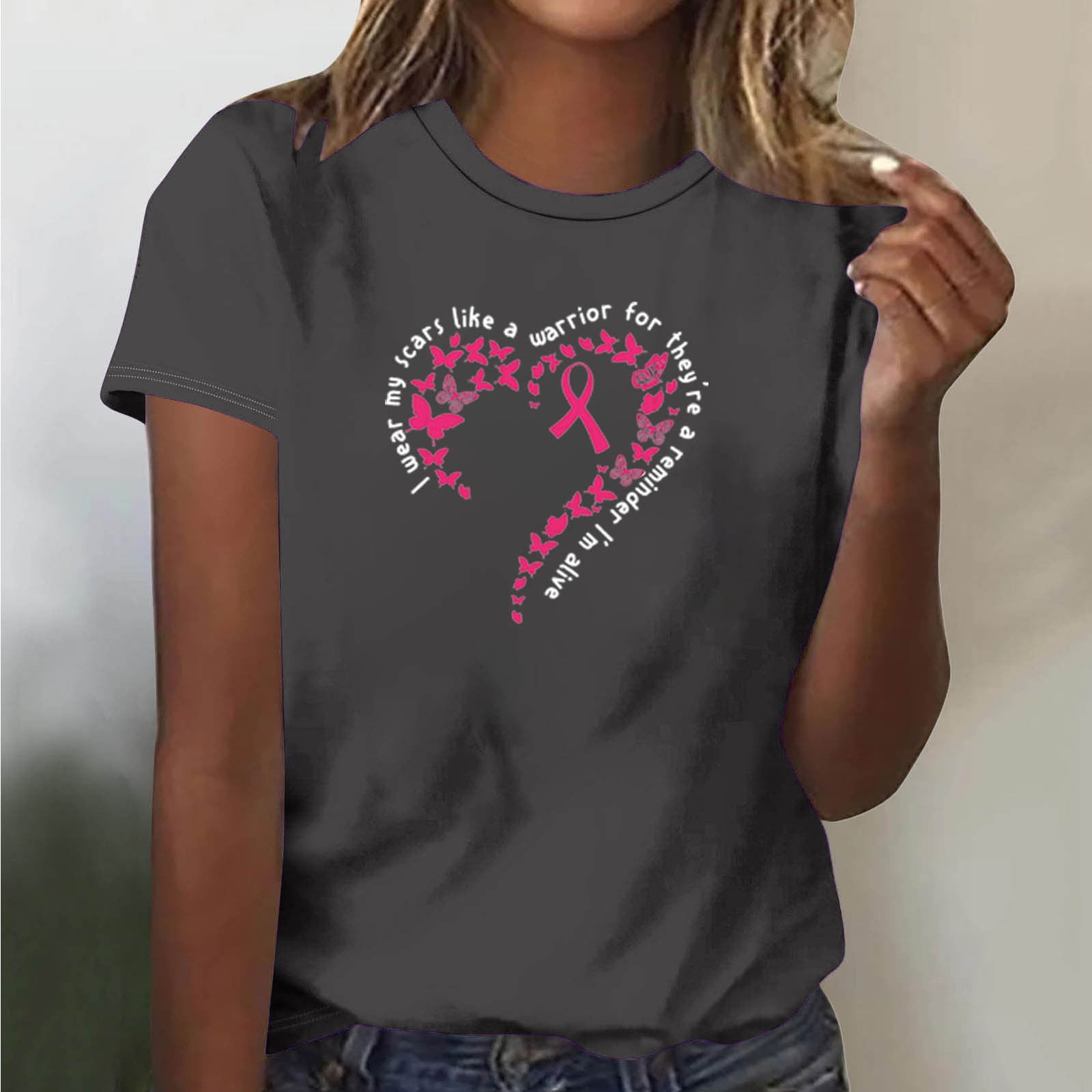 Jsaierl Womens Breast Cancer Shirts Pink Ribbon Print Tees Funny Short ...