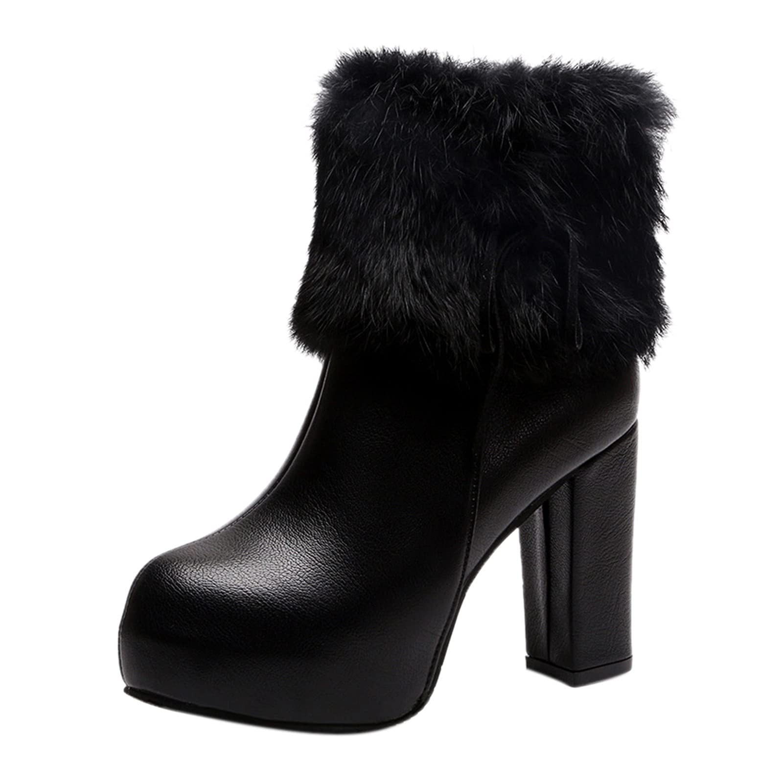Jsaierl Womens Chunky High Heel Bow- Zipper Faux Fur Ankle Booties ...